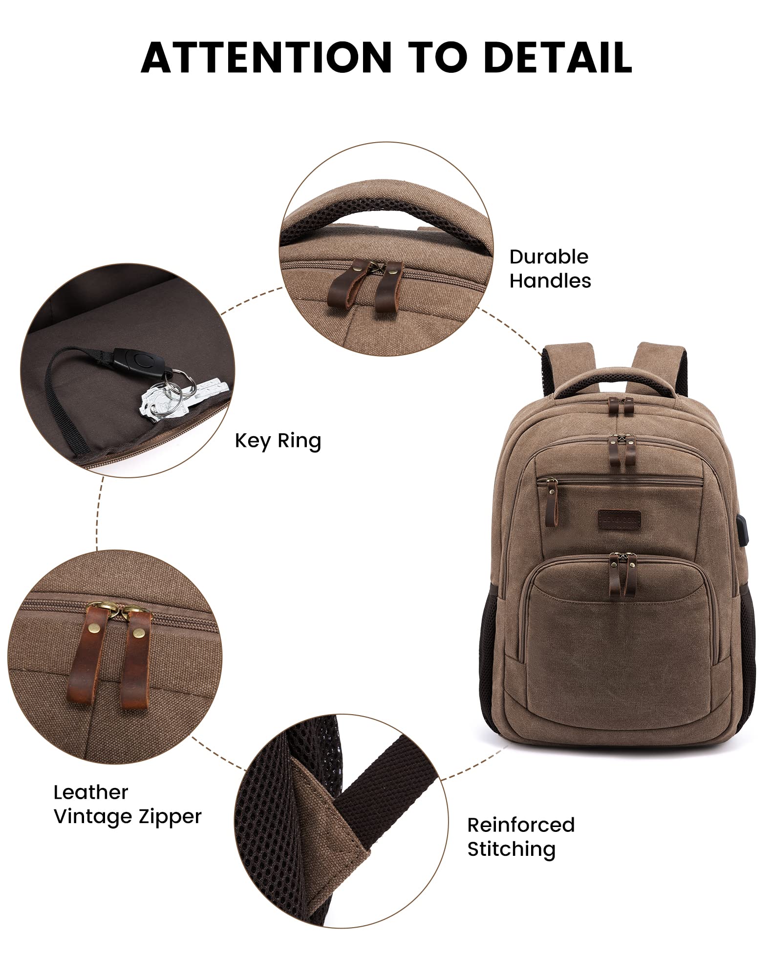 LOVEVOOK Canvas Backpack for Men,15.6 inch Vintage Rucksack for Casual,Large Capacity Travel Backpack,Laptop Backpack with USB Port for School Bookbag Casual Work College (15.6 inch&Brown)