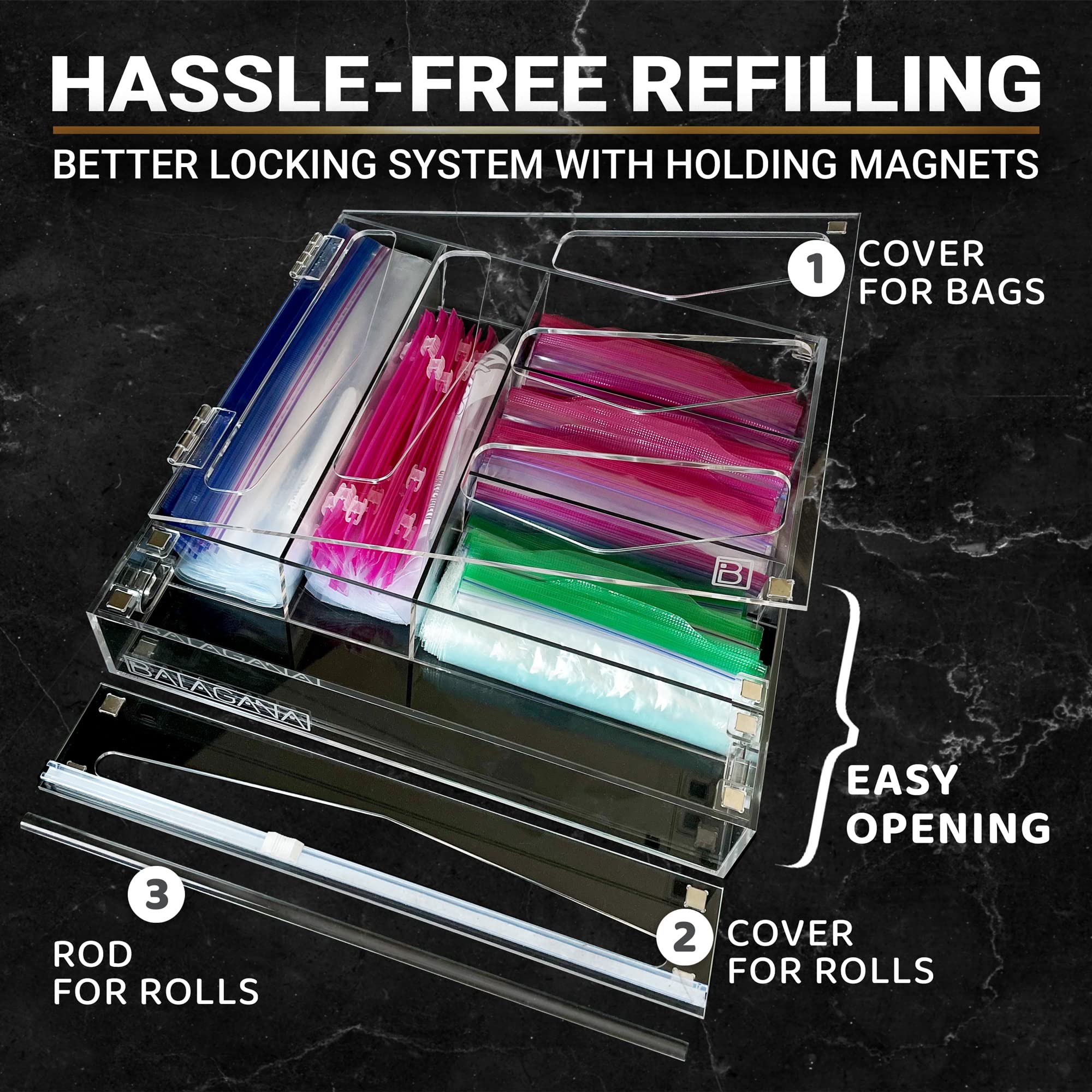 BALAGANA Drawer Organizer for Ziplock Bags and Foil - Acrylic Ziplock Bag Storage Organizer for Kitchen Drawer, 6 in 1 Clear Ziplock Bag Organizer for Drawer, Ziplock Bag Organizer with Wrap Dispenser