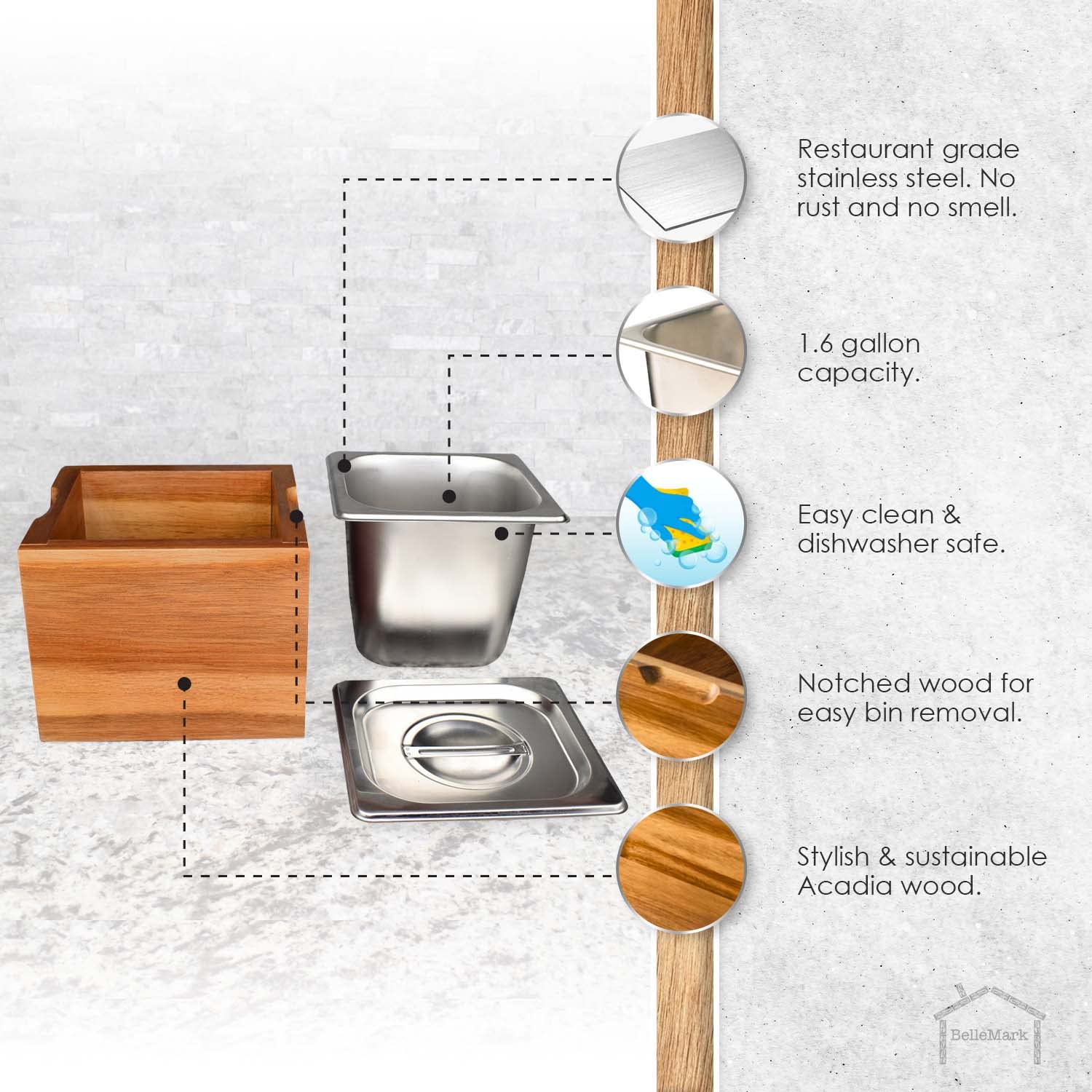 BelleMark Kitchen Compost Bin- Rust Proof Stainless Steel Insert, Countertop Compost Bin with Lid and Acacia Wood Box- Small Compost Bin Kitchen