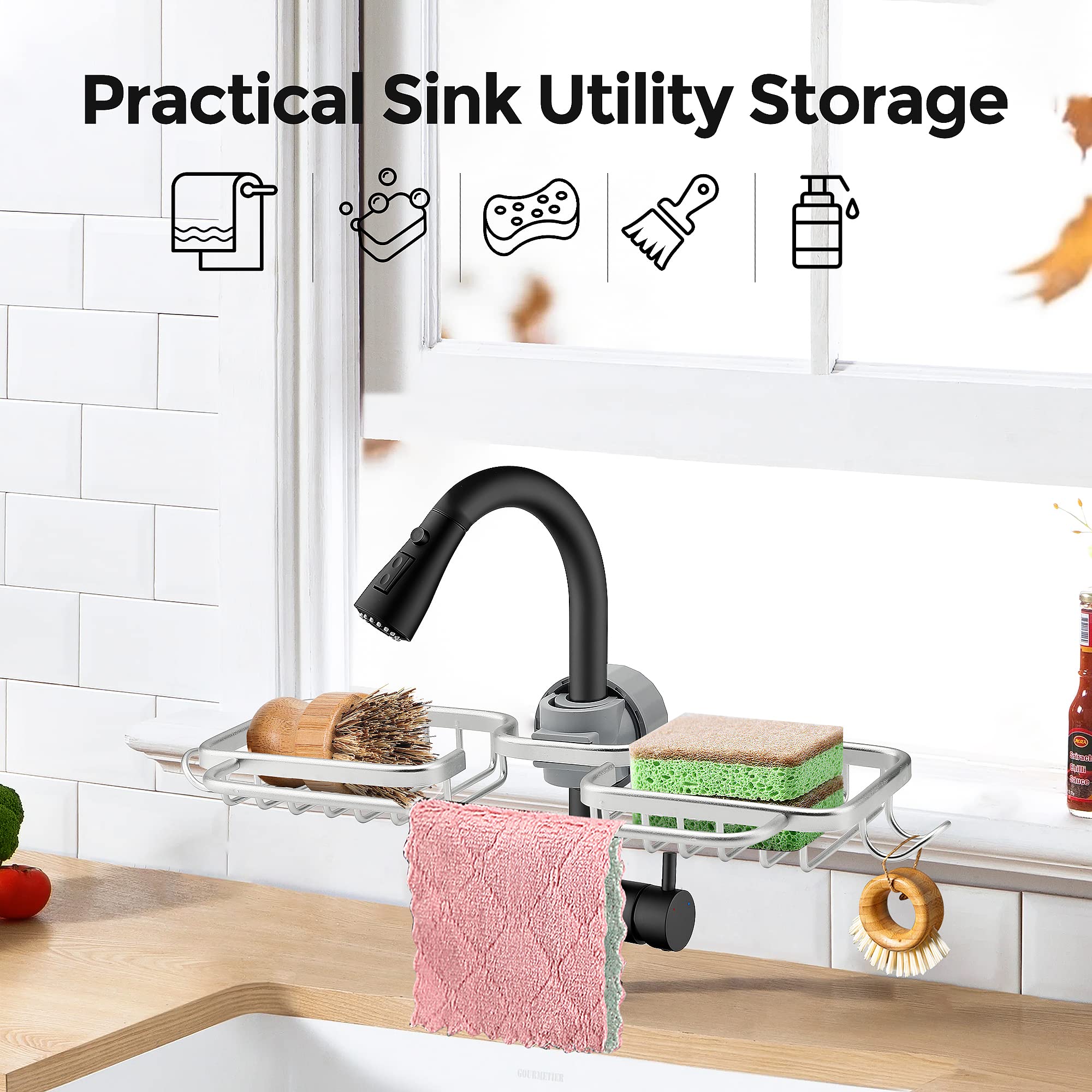 Ravinte Sponge Holder for Kitchen Sink, Hanging Drain Sink Sponge Holder Over Facuet Sponge Holder Sink Caddy Faucet Rack for Kitchen Sink Organizer and Bathroom Shower Rack--Double Square, Silver