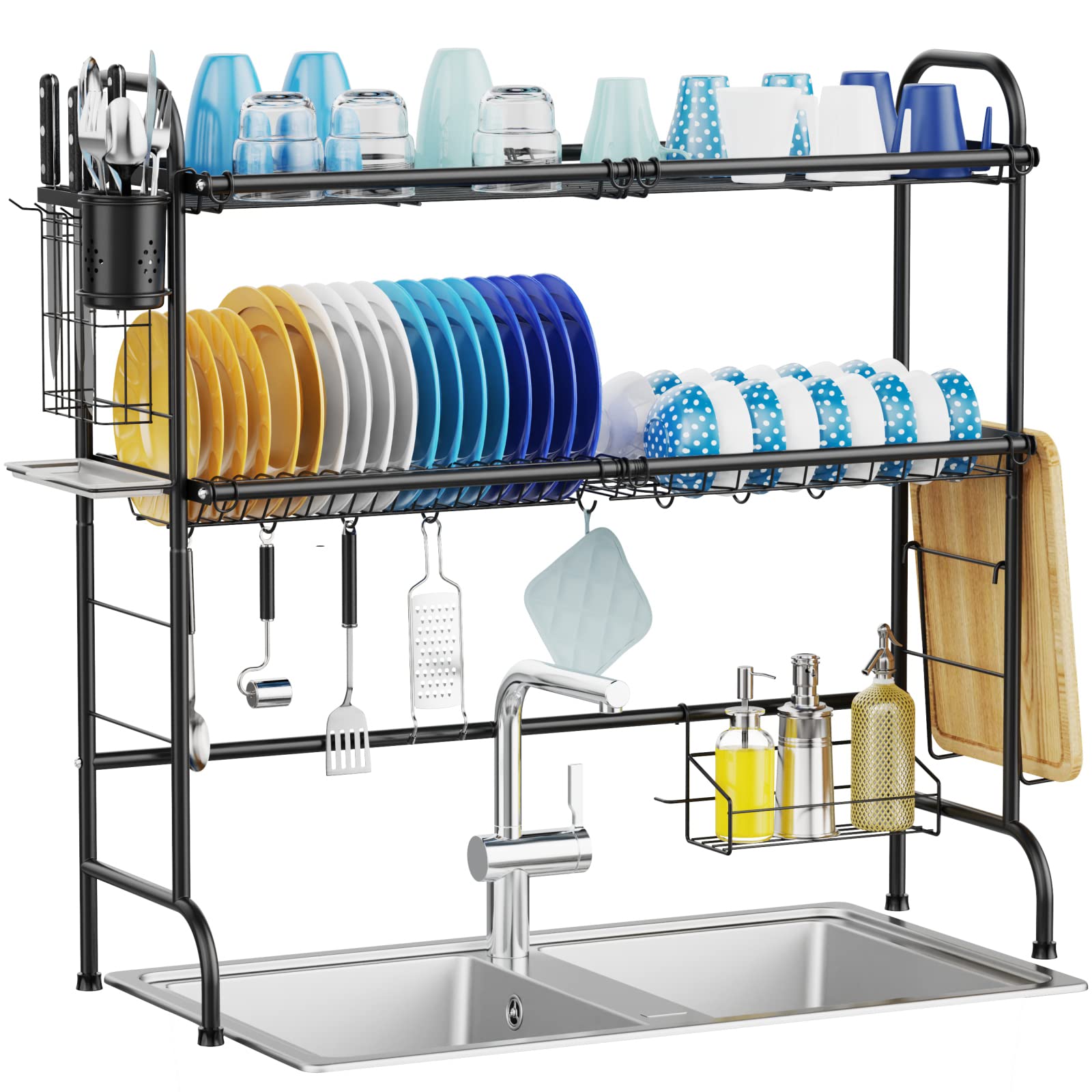 iSPECLE Over The Sink Dish Drying Rack Stainless Steel 2 Tier Dish Rack Large Above Sink Drying Rack Kitchen Sink Shelf, Black