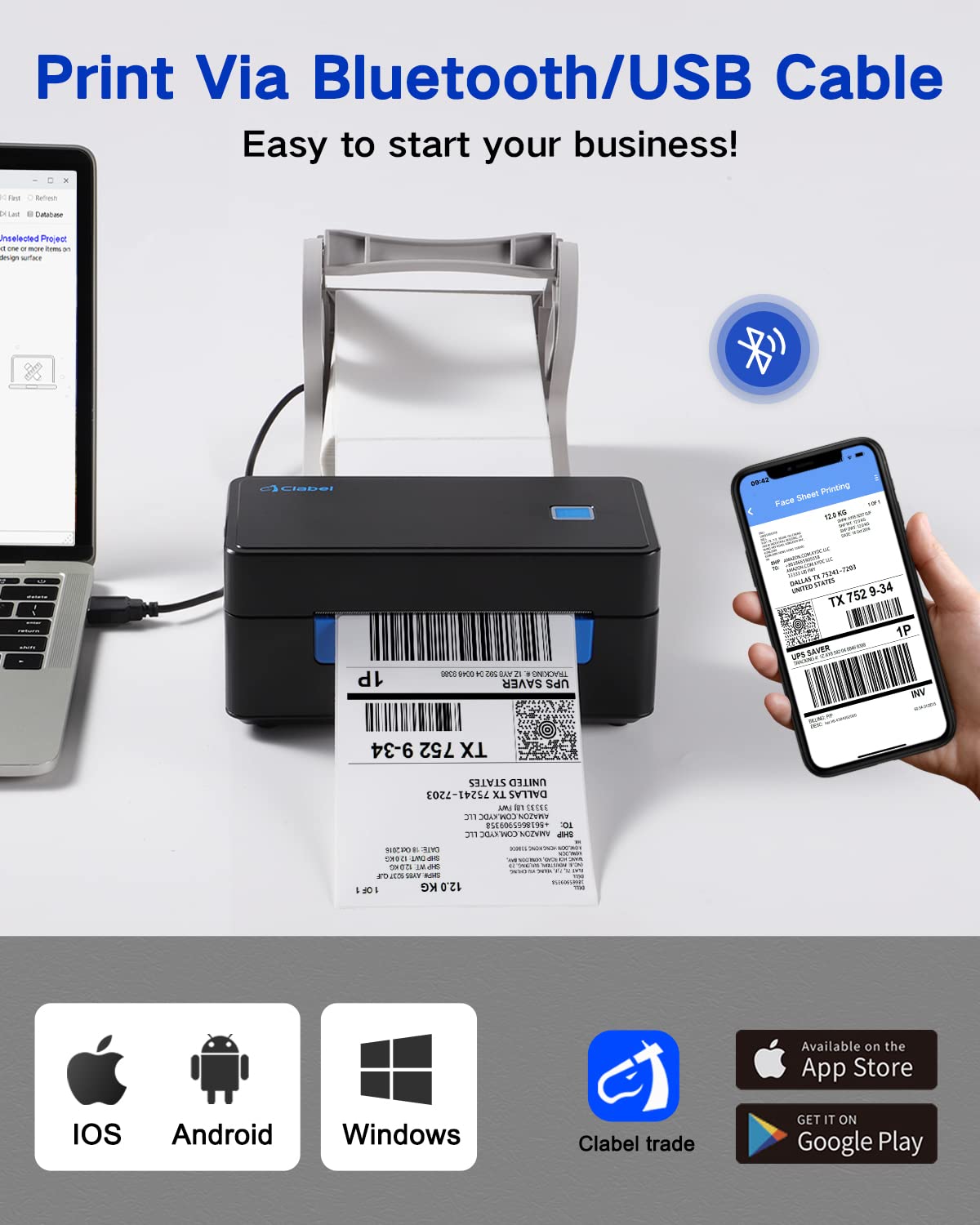 CLABEL Bluetooth Shipping Label Printer,4x6 Thermal Label Printer for Small Business Shipping Packages, Compatible with Amazon, Ebay, Etsy, Shopify, FedEx, UPS, etc, Support Windows,Mac CT428S