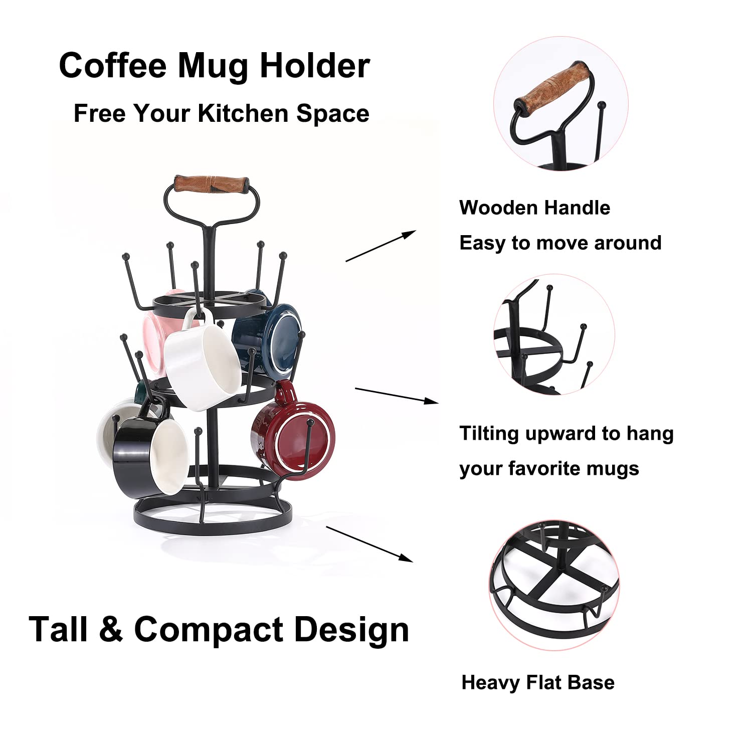 Jemeni Coffee Mug Cup Tree Rack Holder Stand for Counter with Wooden Handle, 15-Hook, Black…