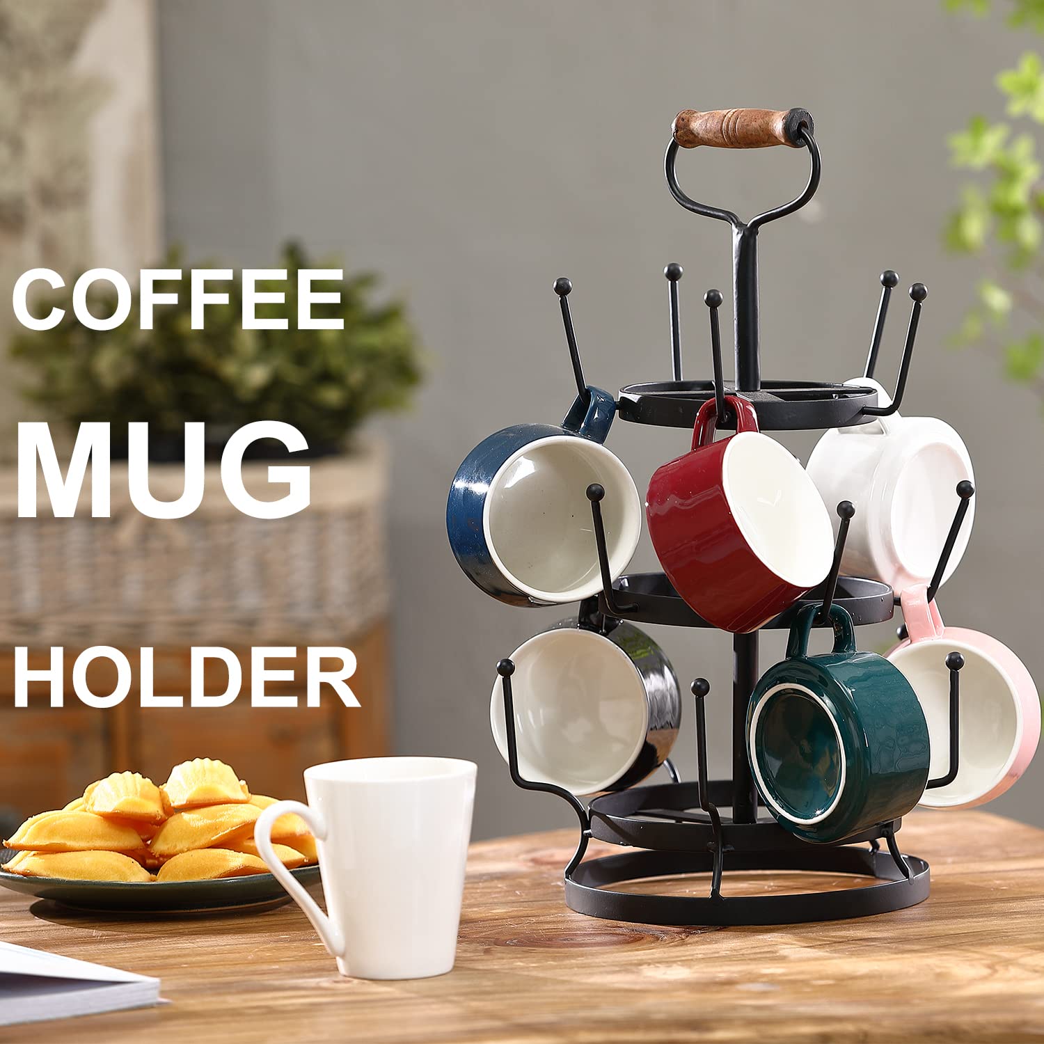 Jemeni Coffee Mug Cup Tree Rack Holder Stand for Counter with Wooden Handle, 15-Hook, Black…