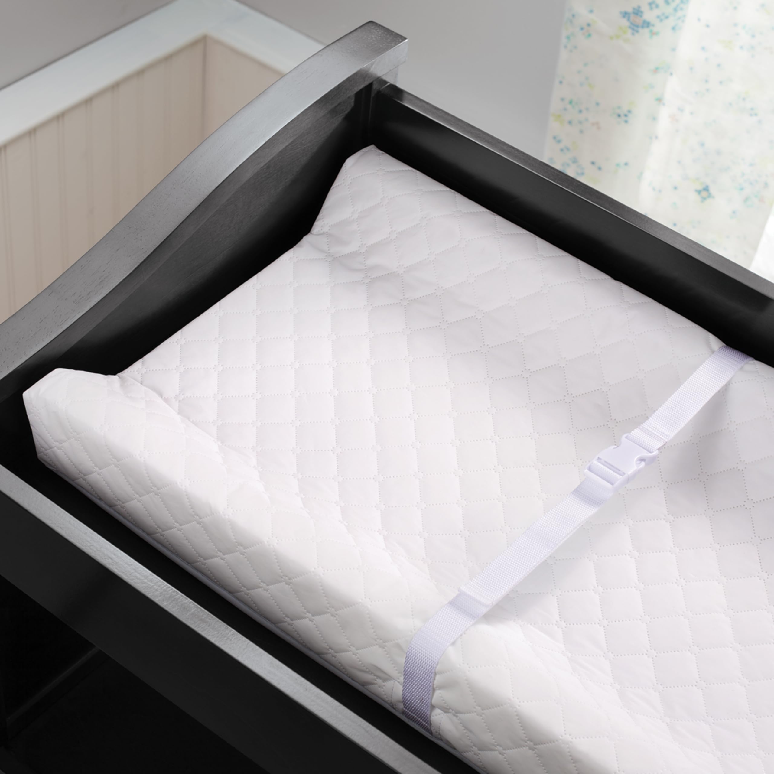 Summer Contoured Changing Pad, 16” x 32”, White Comfortable & Secure Baby With Security Strap And Two High Curved Sides, Easy To Clean