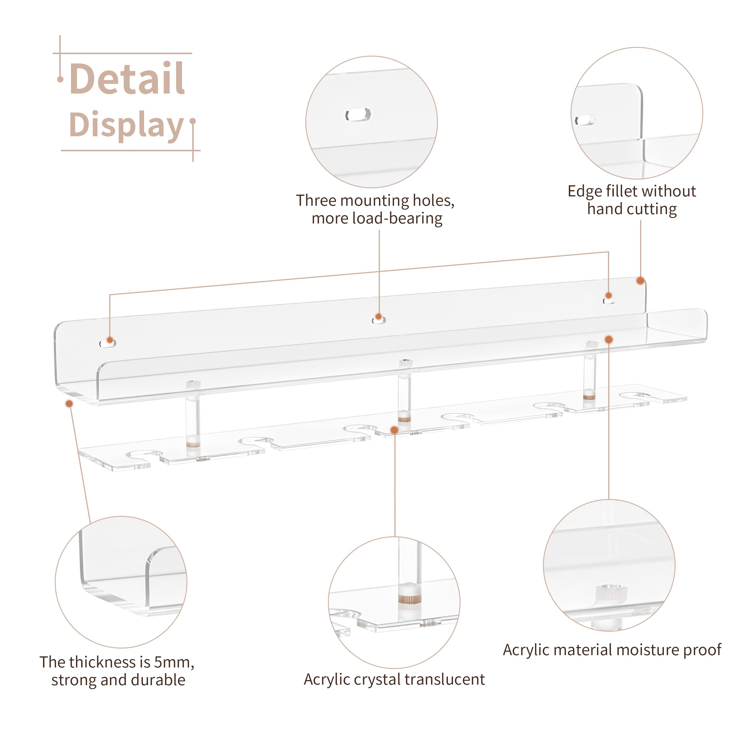 Hexsonhoma 24'' Clear Wine Glass Holder Wall Mounted 2 Pack, Acrylic Wall Bar Shelf with Removable Glasses Holder, Floating Bar Shelves for Wine Bottles, Liquor Bottles, Glasses