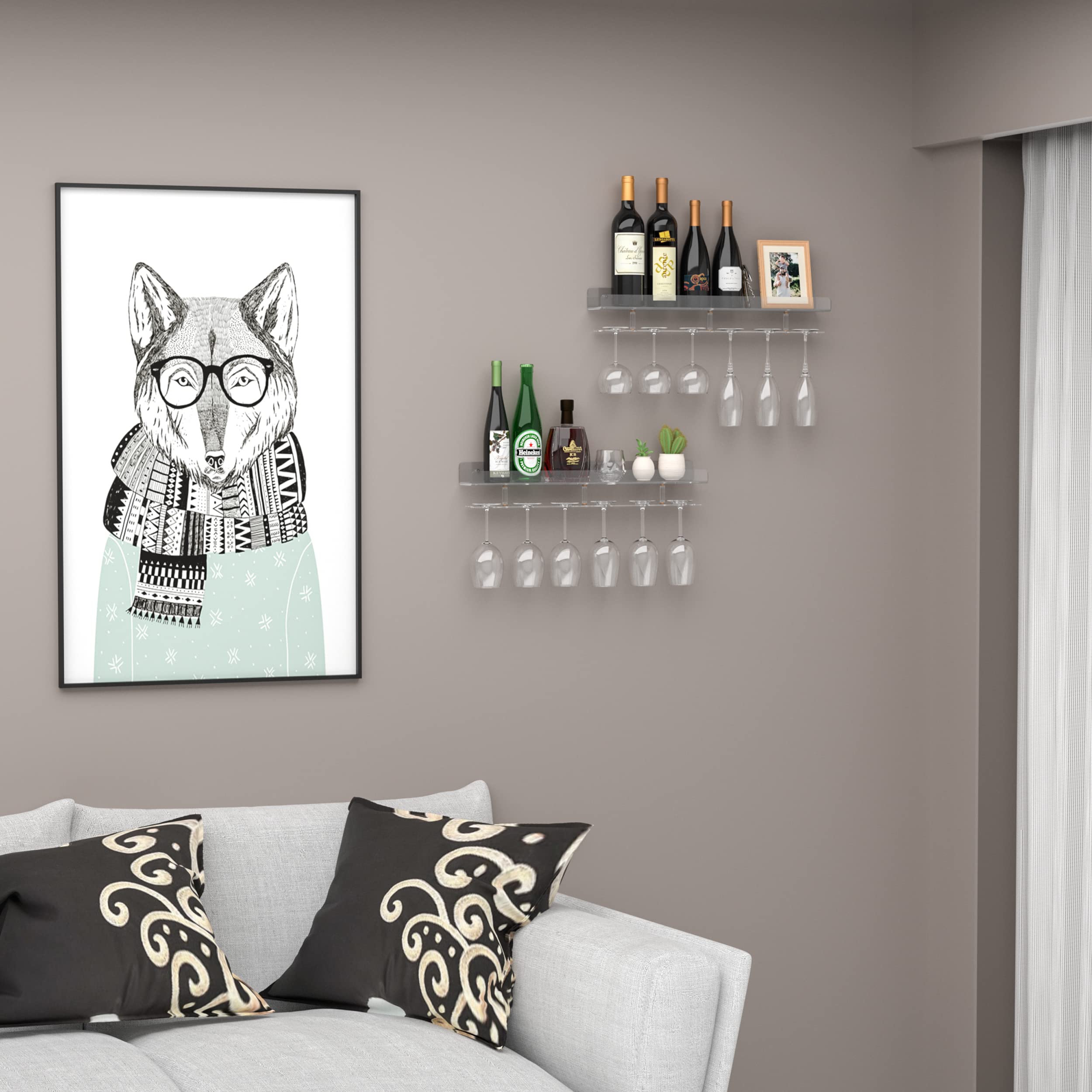 Hexsonhoma 24'' Clear Wine Glass Holder Wall Mounted 2 Pack, Acrylic Wall Bar Shelf with Removable Glasses Holder, Floating Bar Shelves for Wine Bottles, Liquor Bottles, Glasses