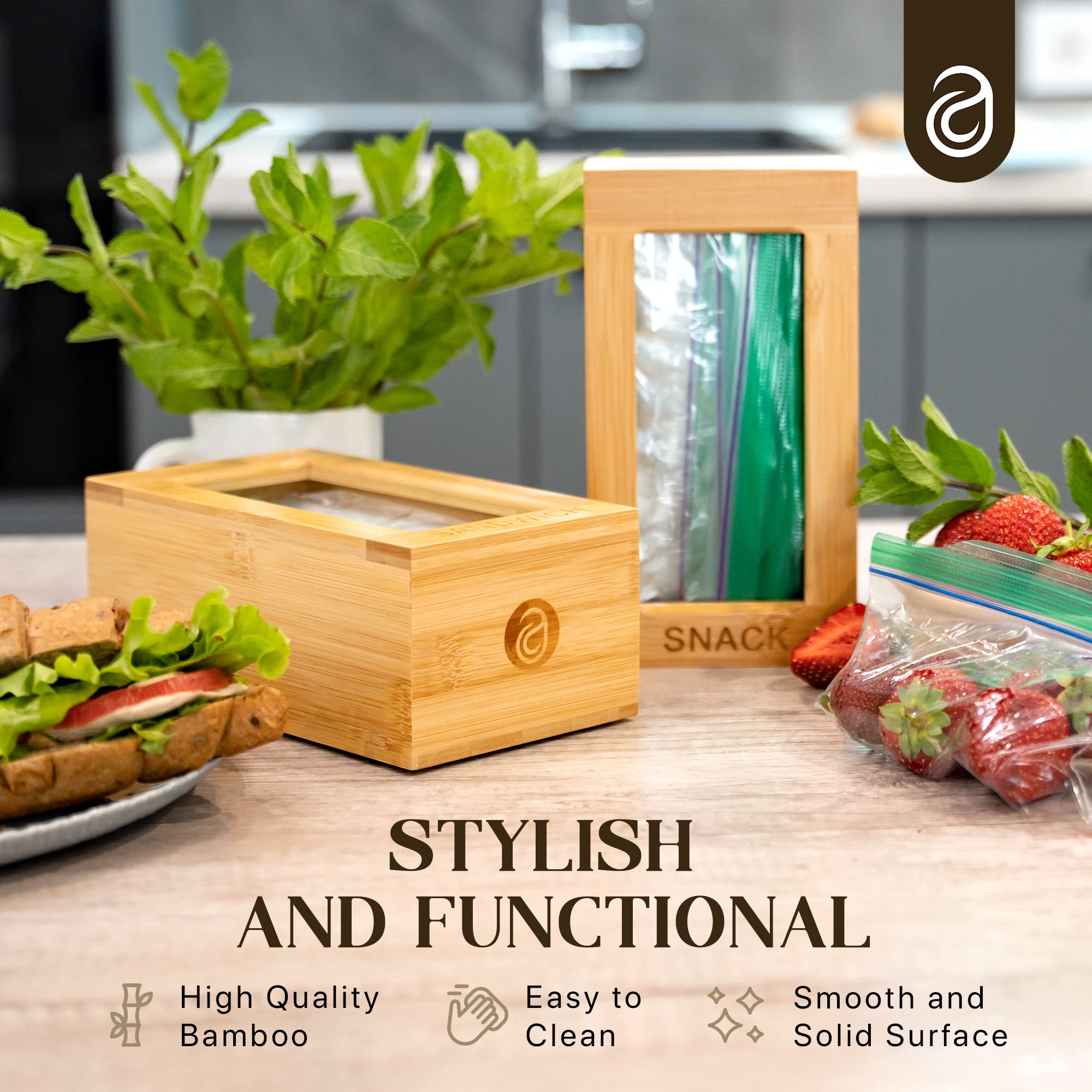 Ziplock Food Storage Bag Organizer - Different Combinations Possible with 4 Separate Plastic Bag Organizers for Drawer - Elegant and Sturdy Boxes with Laser Engraved Titles to Keep Kitchen Drawer Tidy