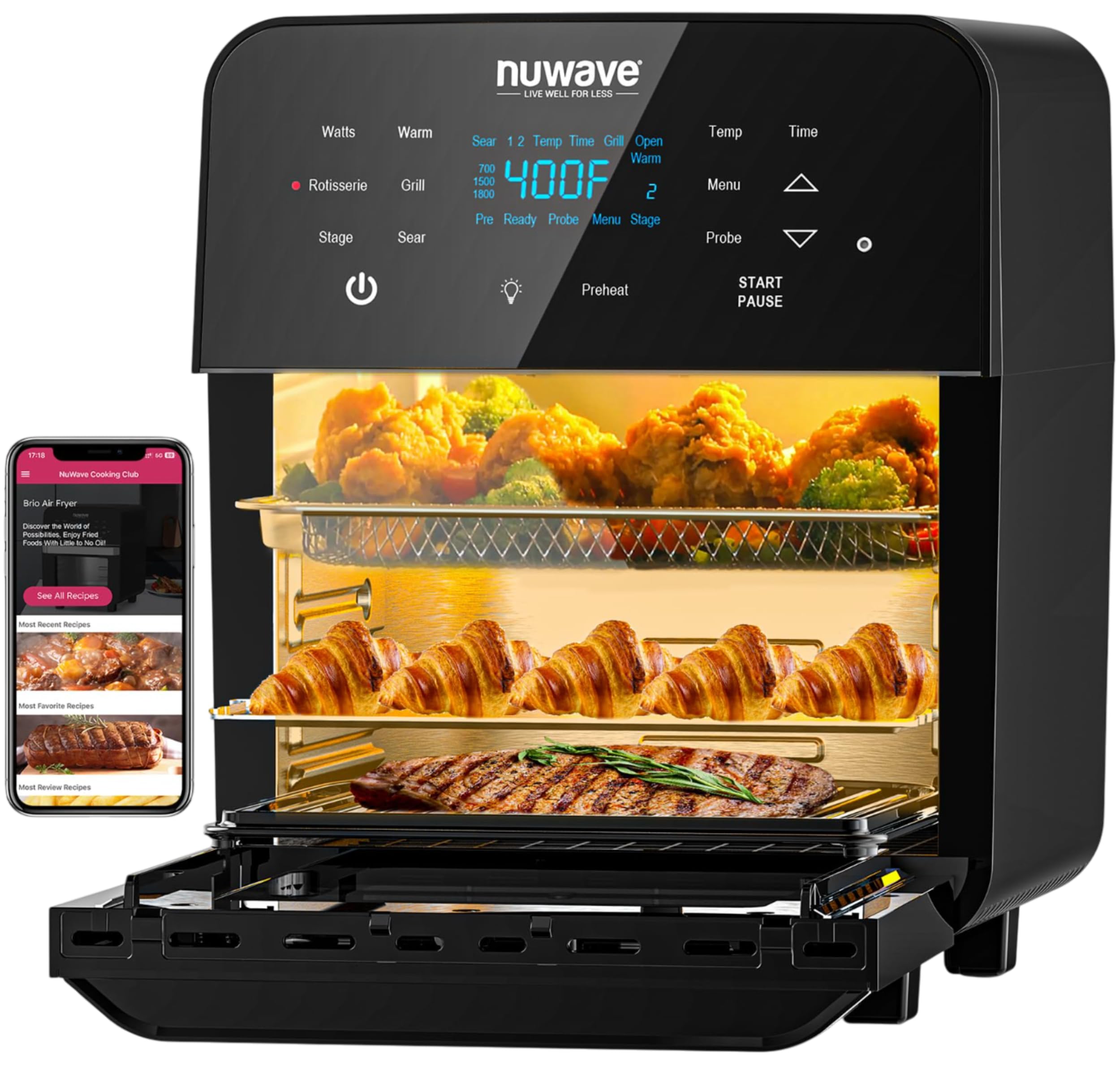 Nuwave Brio Air Fryer Smart Oven, 15.5-Qt X-Large Family Size, Countertop Convection Rotisserie Grill Combo, SS Rotisserie Basket & Skewer Kit, Reversible Ultra Non-Stick Grill Griddle Plate Included