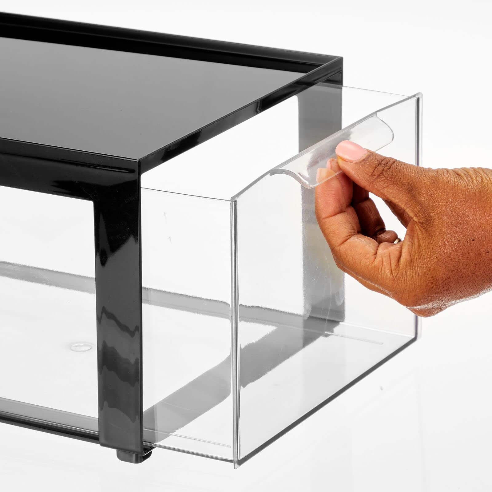 mDesign Plastic Stackable Office Storage Organizer Bin with Pull Out Drawer for Cabinet, Desk, Shelf, Cupboard, Cabinet, or Closet Organization - Lumiere Collection - 2 Pack - Black/Clear