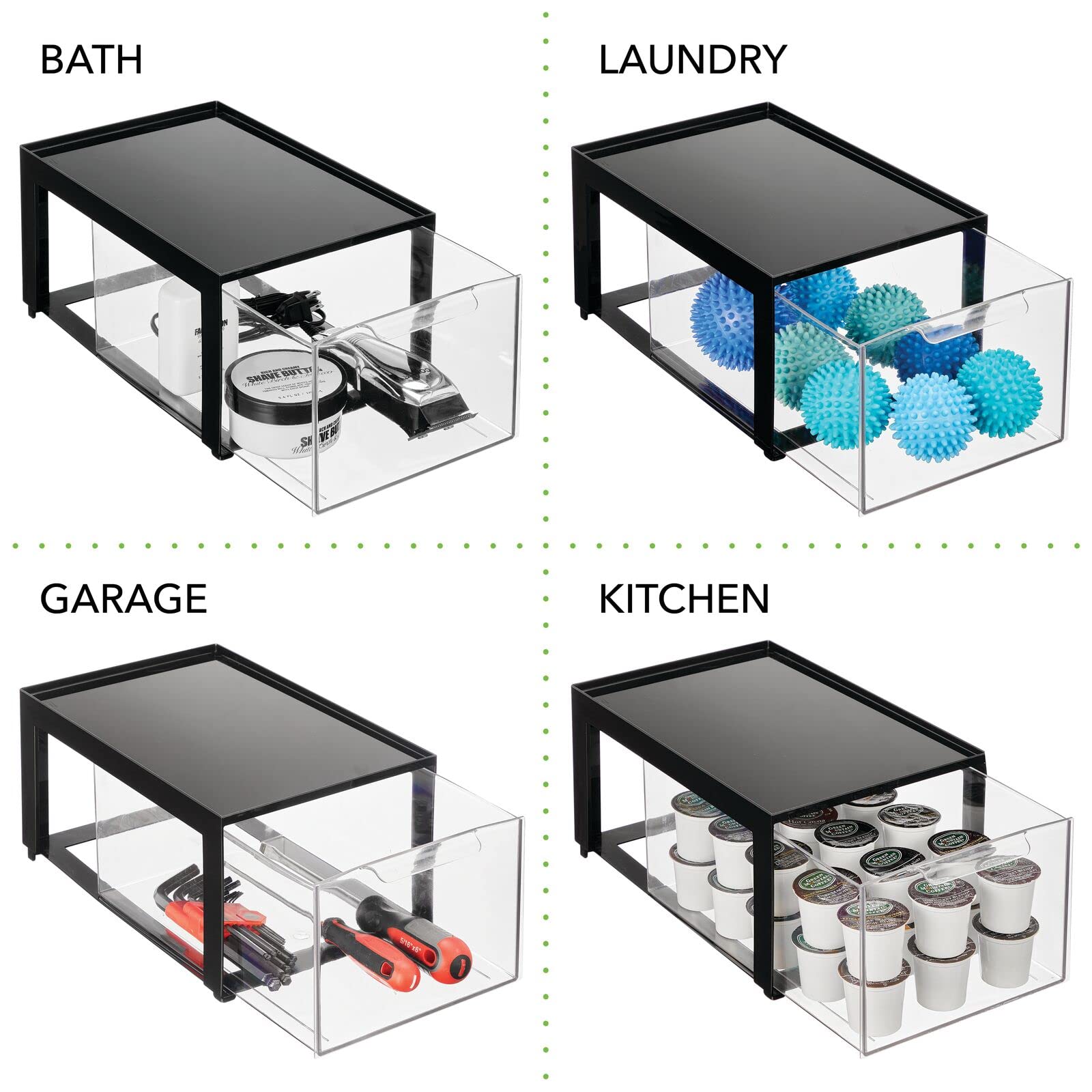 mDesign Plastic Stackable Office Storage Organizer Bin with Pull Out Drawer for Cabinet, Desk, Shelf, Cupboard, Cabinet, or Closet Organization - Lumiere Collection - 2 Pack - Black/Clear