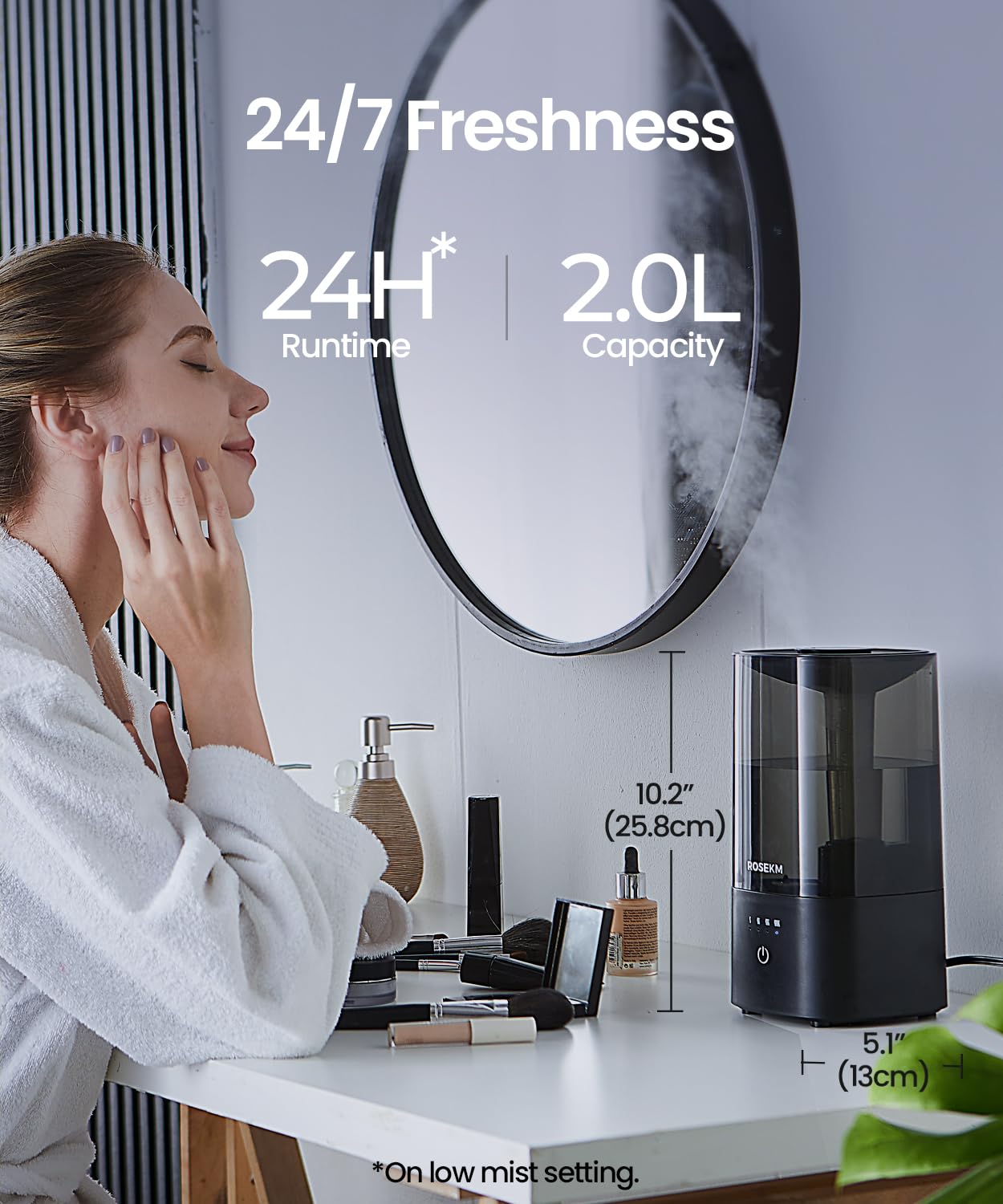 ROSEKM Humidifiers for Bedroom, 2.0L Cool Mist Humidifier for Plant and Baby Nursery, Small Quiet Air Humidifier, Ultrasonic, Filterless, Auto Shut-Off, Black
