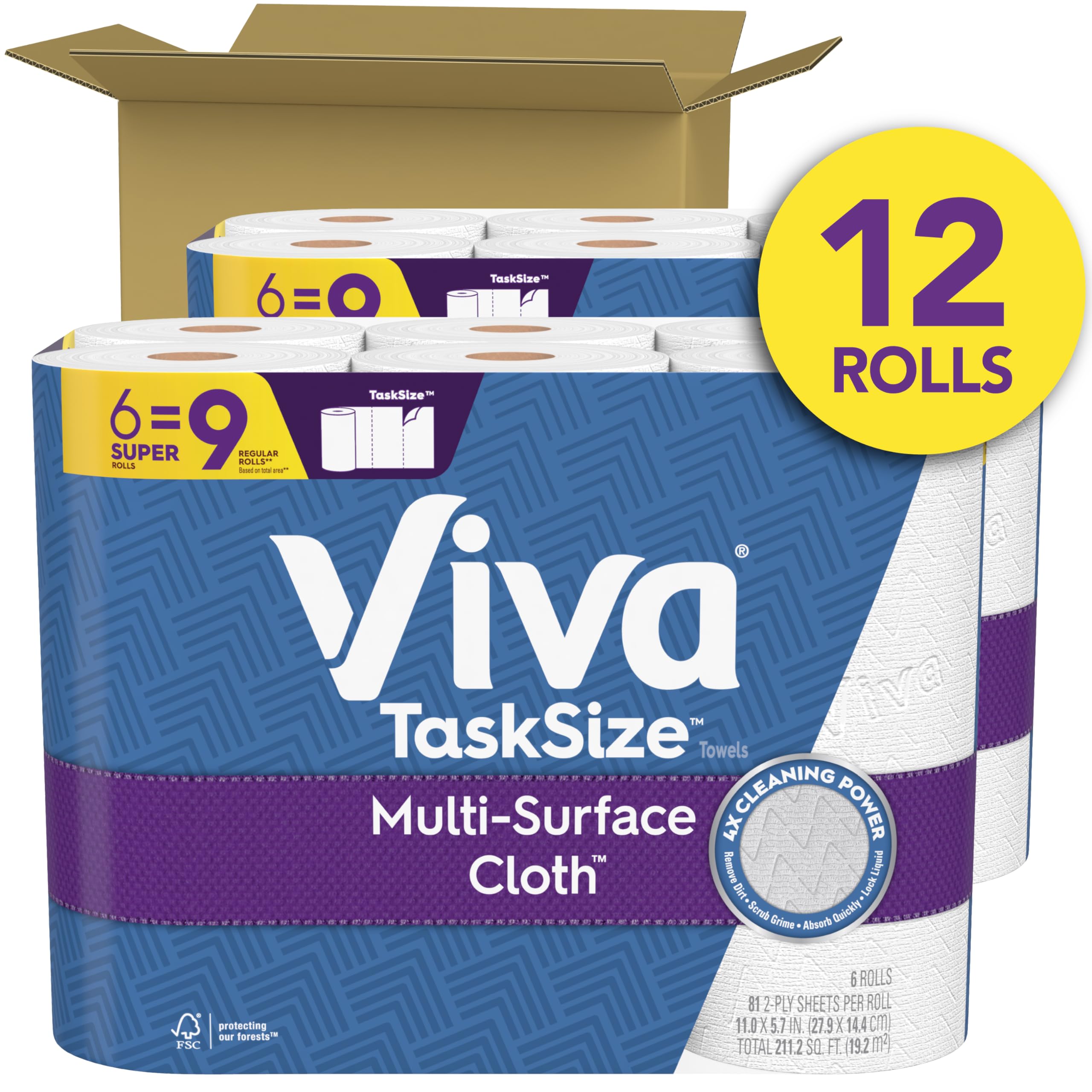 Viva Multi-Surface Cloth Paper Towels, Task Size - 12 Super Rolls (81 Sheets per Roll)
