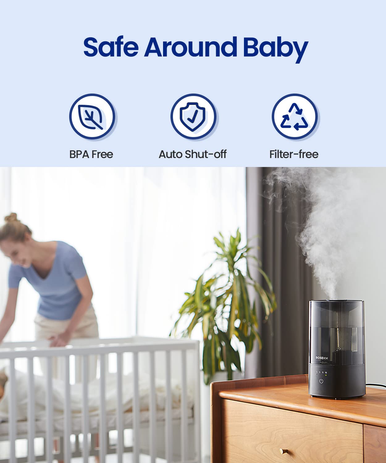 ROSEKM Humidifiers for Bedroom, 2.0L Cool Mist Humidifier for Plant and Baby Nursery, Small Quiet Air Humidifier, Ultrasonic, Filterless, Auto Shut-Off, Black