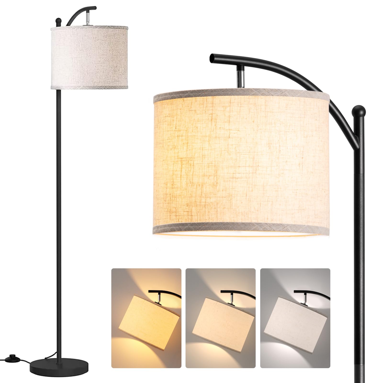addlon Floor Lamp with 3CCT LED Bulb (9W), Lamp for Living Room with Beige Linen Lamp Shade, Modern Standing Lamp Floor Lamps for Bedrooms - Black
