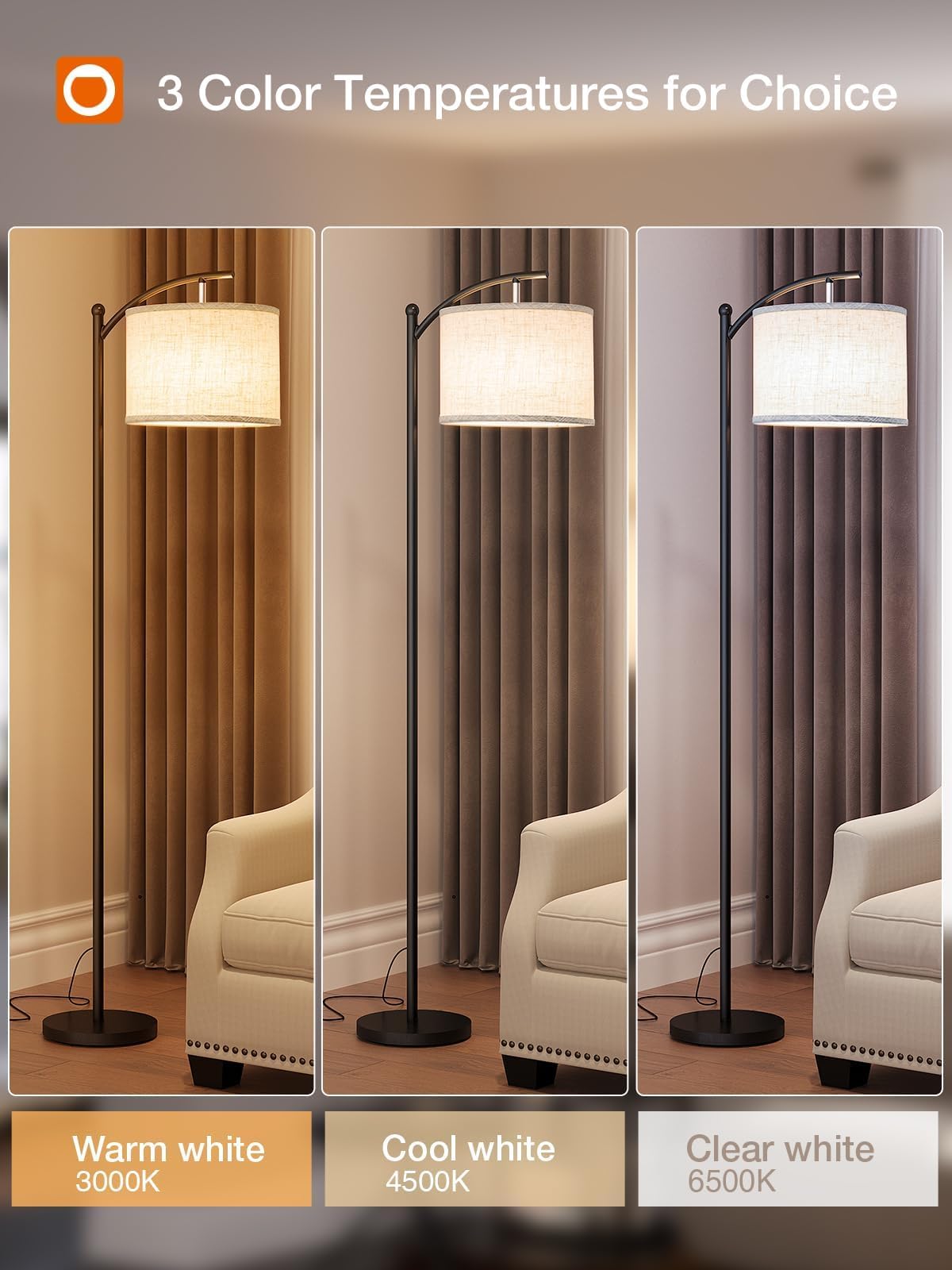 addlon Floor Lamp with 3CCT LED Bulb (9W), Lamp for Living Room with Beige Linen Lamp Shade, Modern Standing Lamp Floor Lamps for Bedrooms - Black