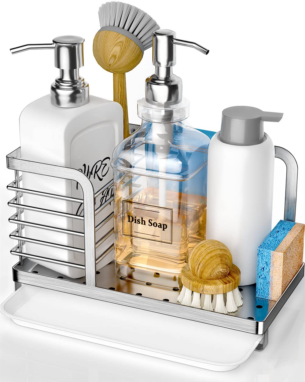 SUNESY Kitchen Sink Caddy for Holding Soap Dispensers & Sponge, Multifunctional Kitchen Sponge Holder with Removable Tray, Rustproof 304 Stainless Steel Kitchen Sink Organizer with Great Storage