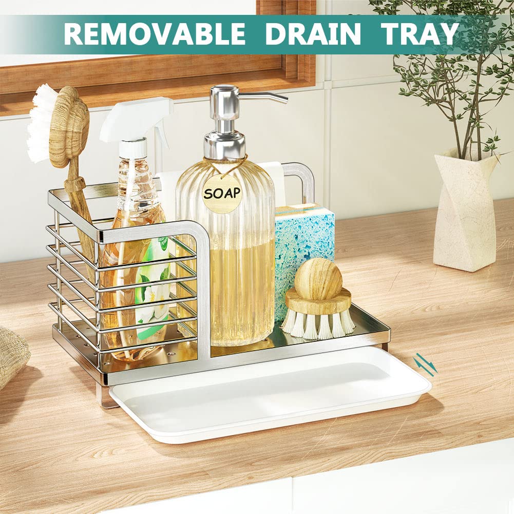 SUNESY Kitchen Sink Caddy for Holding Soap Dispensers & Sponge, Multifunctional Kitchen Sponge Holder with Removable Tray, Rustproof 304 Stainless Steel Kitchen Sink Organizer with Great Storage