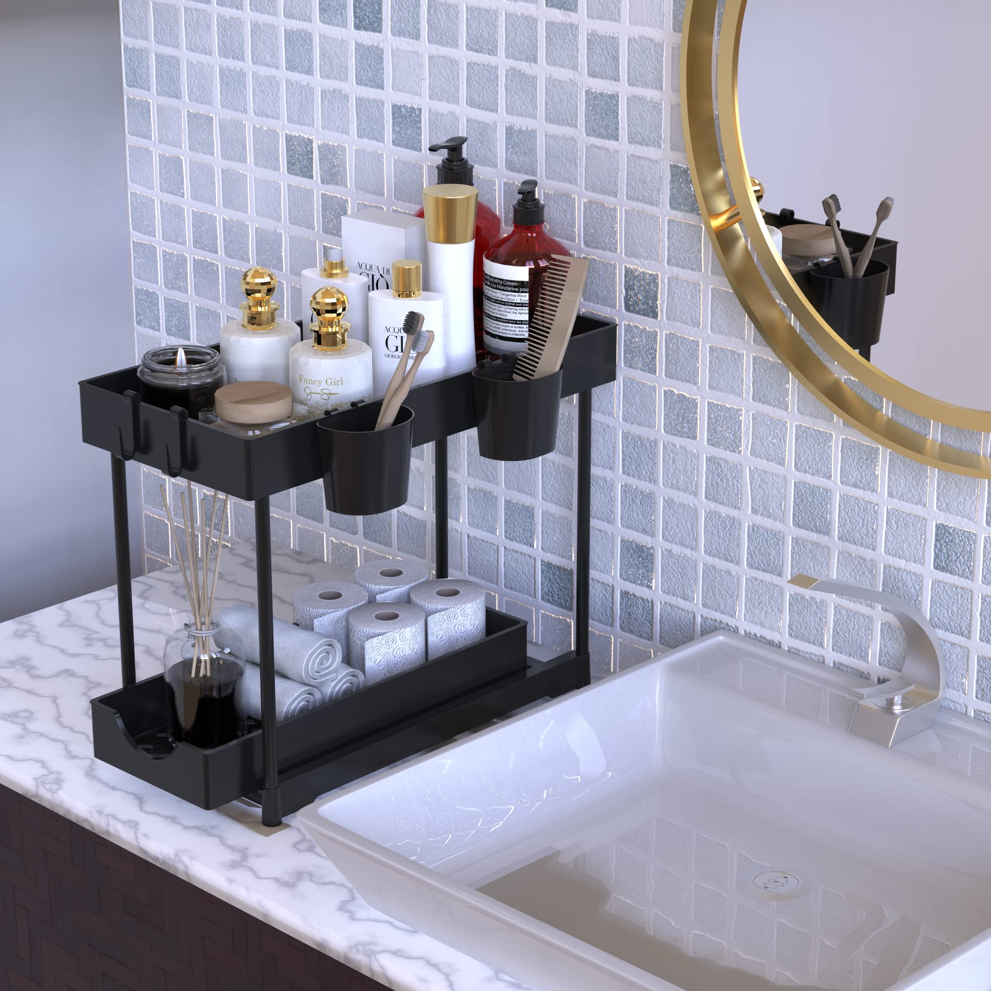 SBD 2 Pack Under Sink Organizers and Storage, 2-Tier Sliding Under Cabinet Organizer for Bathroom and Kitchen with Multi Purpose Door Organizer, 4 Cups, and 10 Hooks - Black