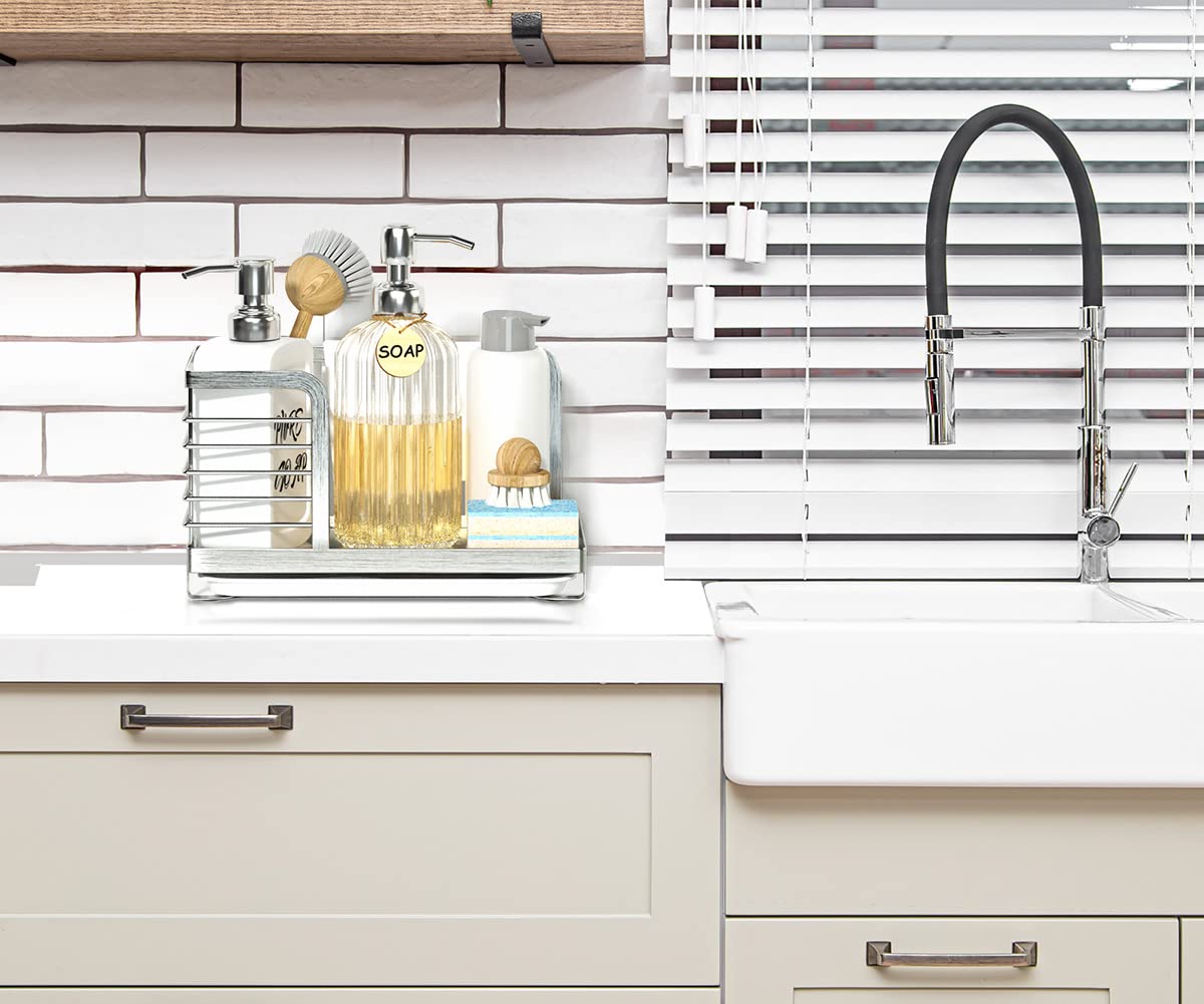 SUNESY Kitchen Sink Caddy for Holding Soap Dispensers & Sponge, Multifunctional Kitchen Sponge Holder with Removable Tray, Rustproof 304 Stainless Steel Kitchen Sink Organizer with Great Storage