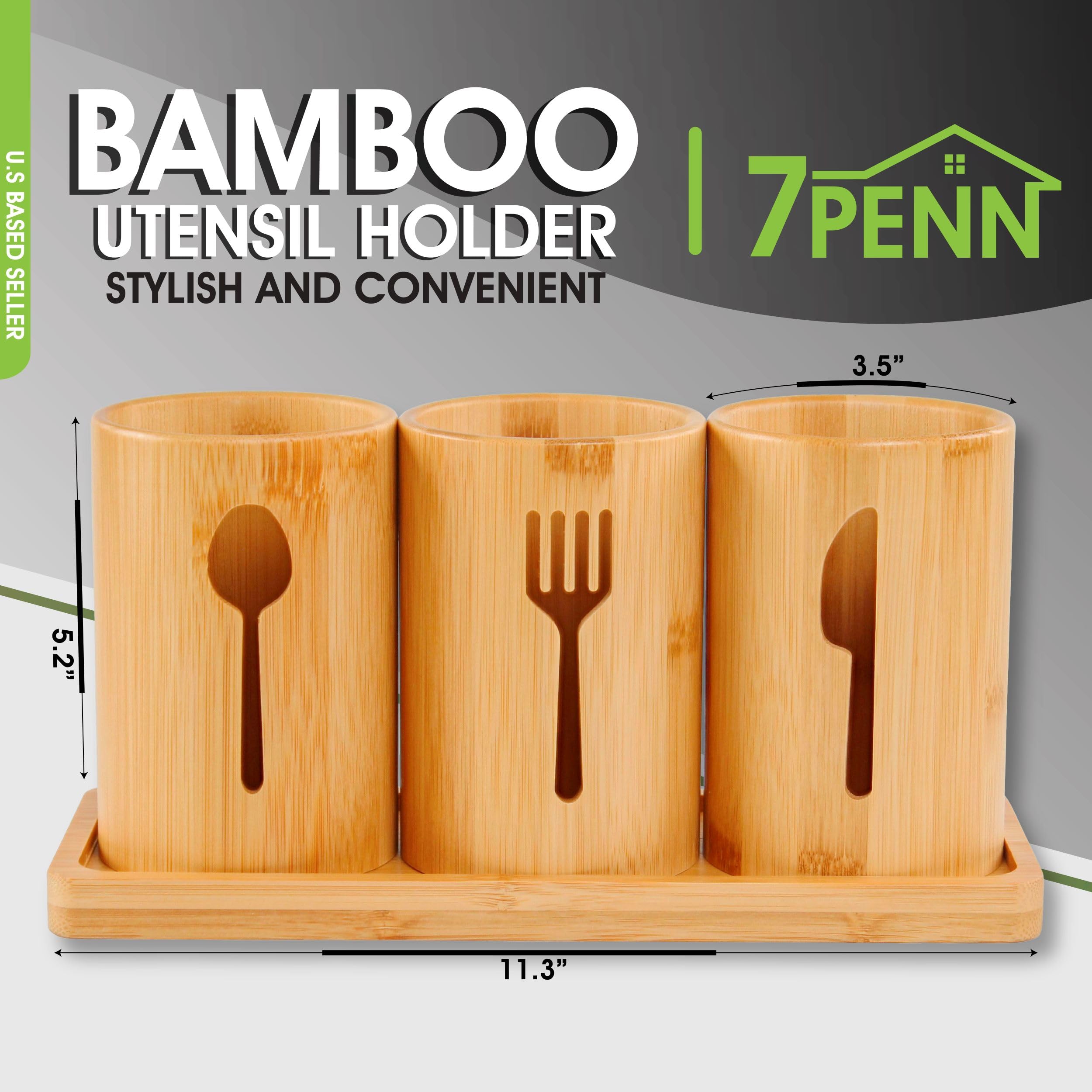 7Penn Standing Utensil Organizer Caddy - 3 Cup Bamboo Countertop Utensil Holder for Party Camping and Kitchen