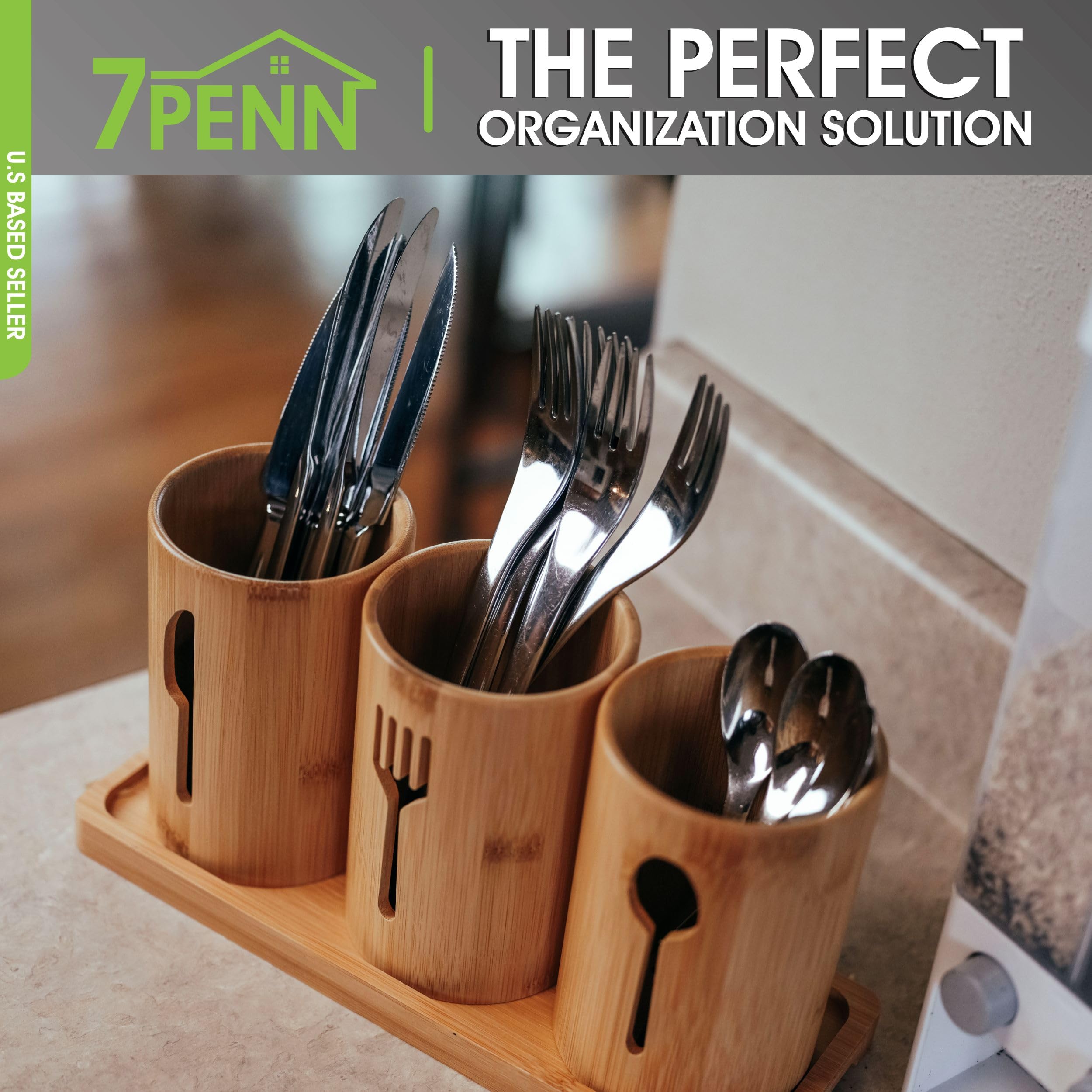 7Penn Standing Utensil Organizer Caddy - 3 Cup Bamboo Countertop Utensil Holder for Party Camping and Kitchen