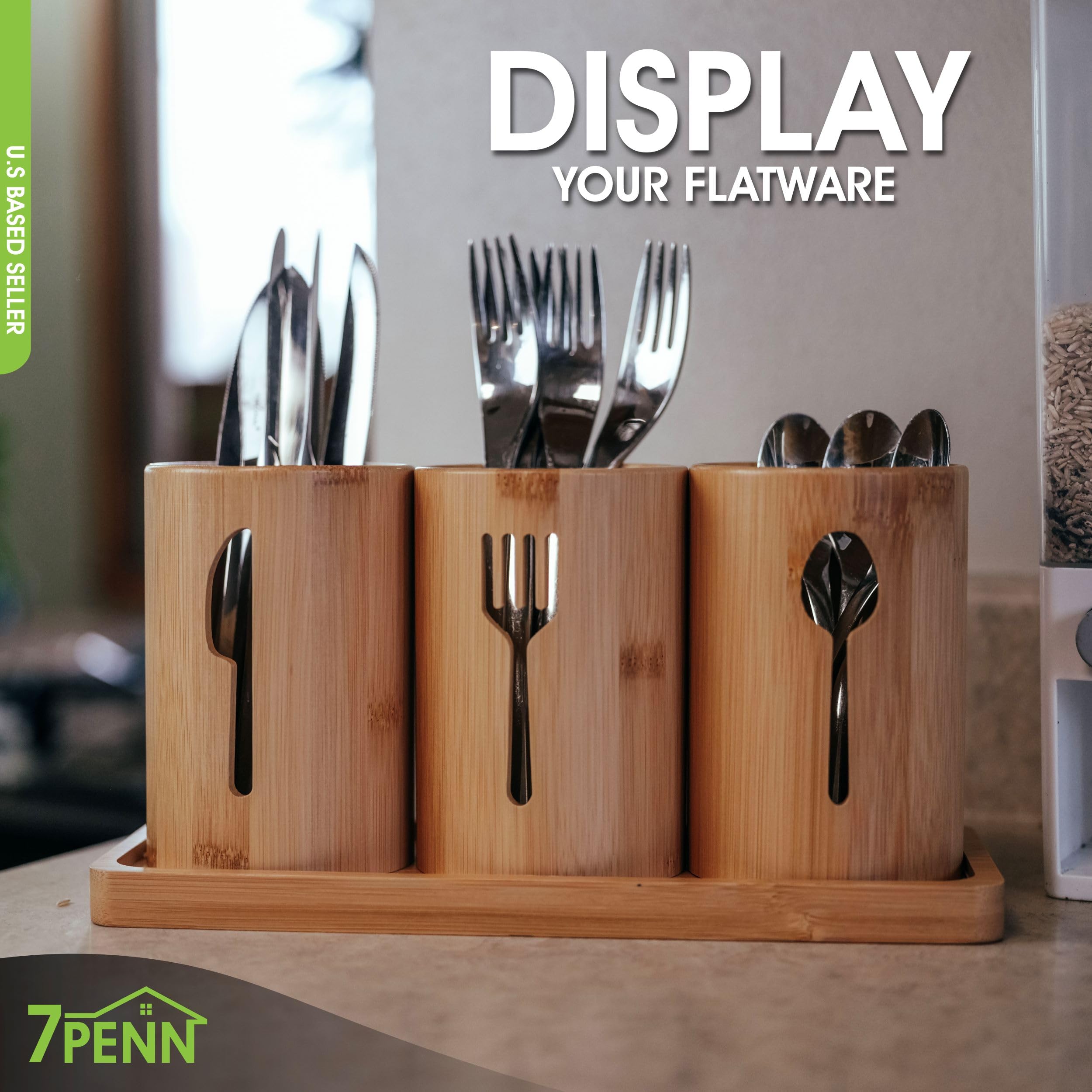 7Penn Standing Utensil Organizer Caddy - 3 Cup Bamboo Countertop Utensil Holder for Party Camping and Kitchen