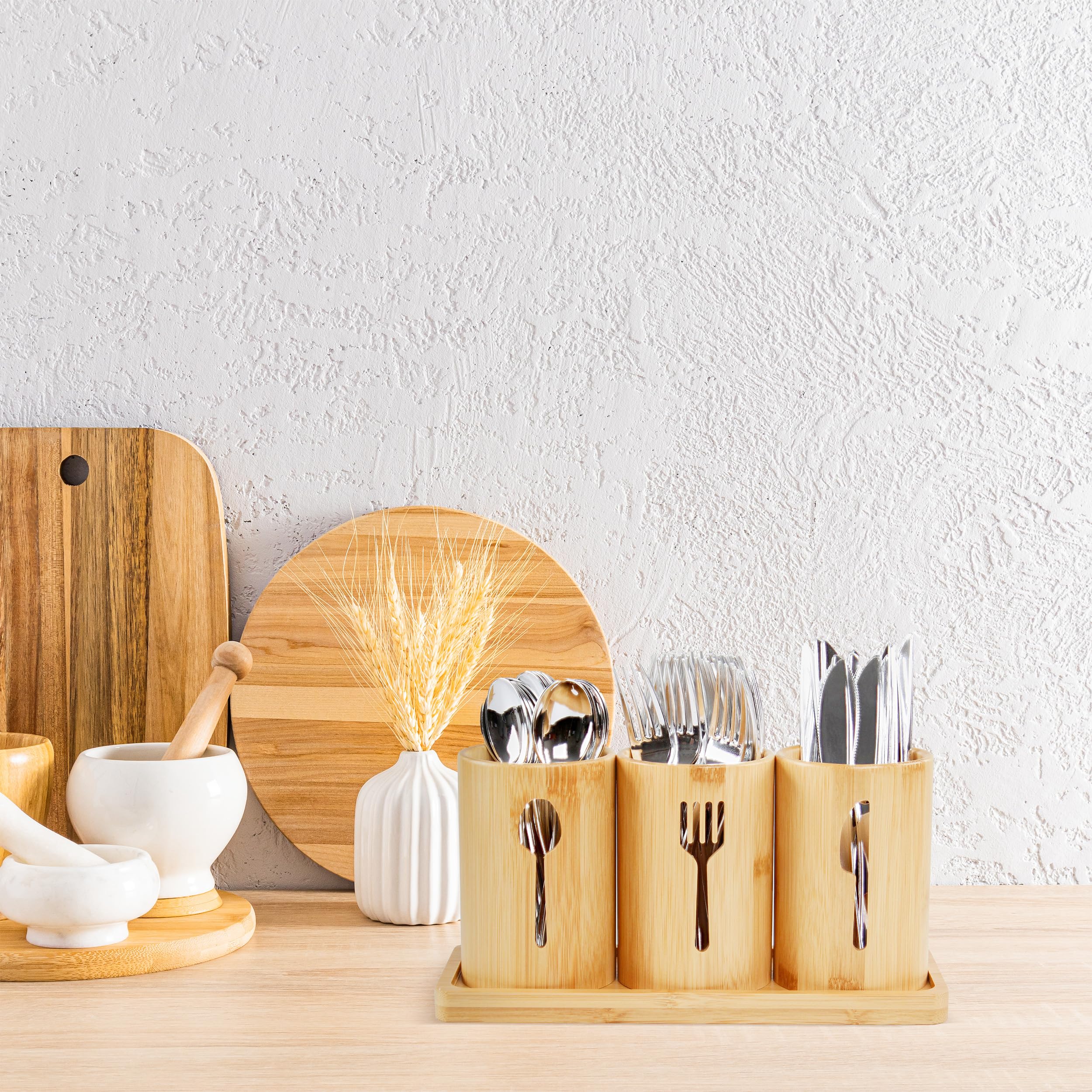 7Penn Standing Utensil Organizer Caddy - 3 Cup Bamboo Countertop Utensil Holder for Party Camping and Kitchen