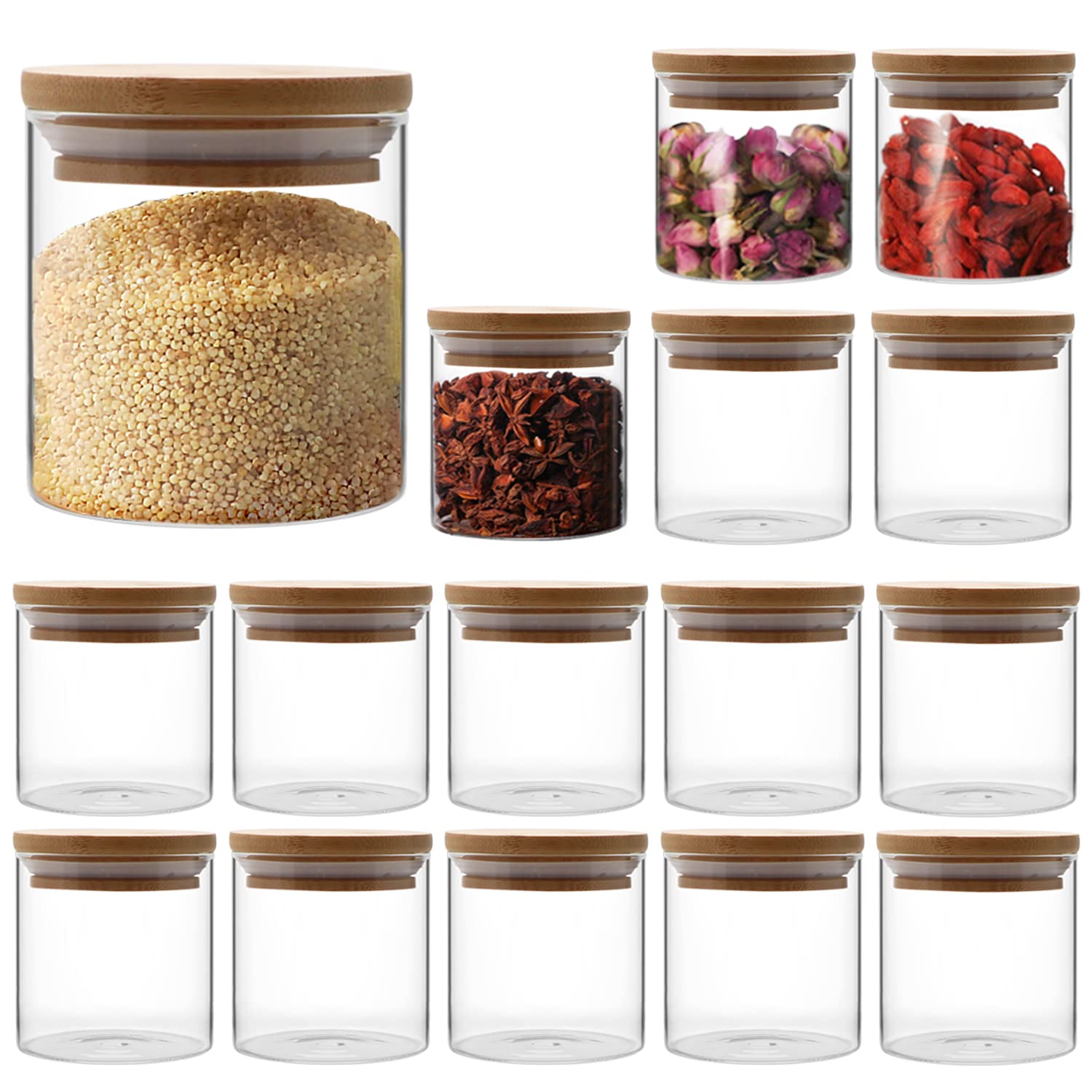 7 oz/230ml Glass Jars With Bamboo Lids, Pantry Organization and Storage Jars-Set of 16,Spice Jars Set for Coffee,Flour,Sugar ,Tea