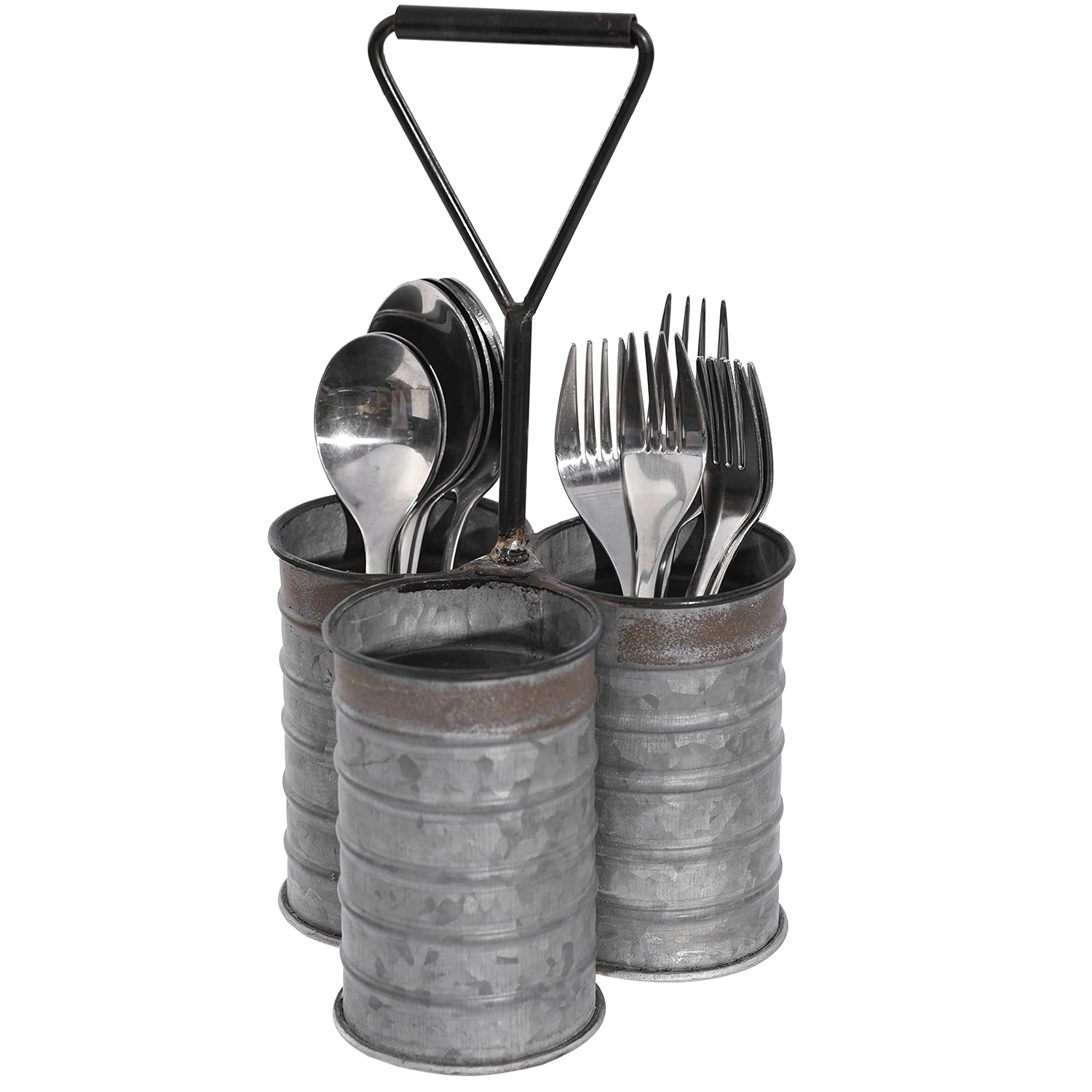 MyGift Galvanized Metal Flatware Holder for Party with Handle, 3 Compartment Picnic Utensil Holder Caddy