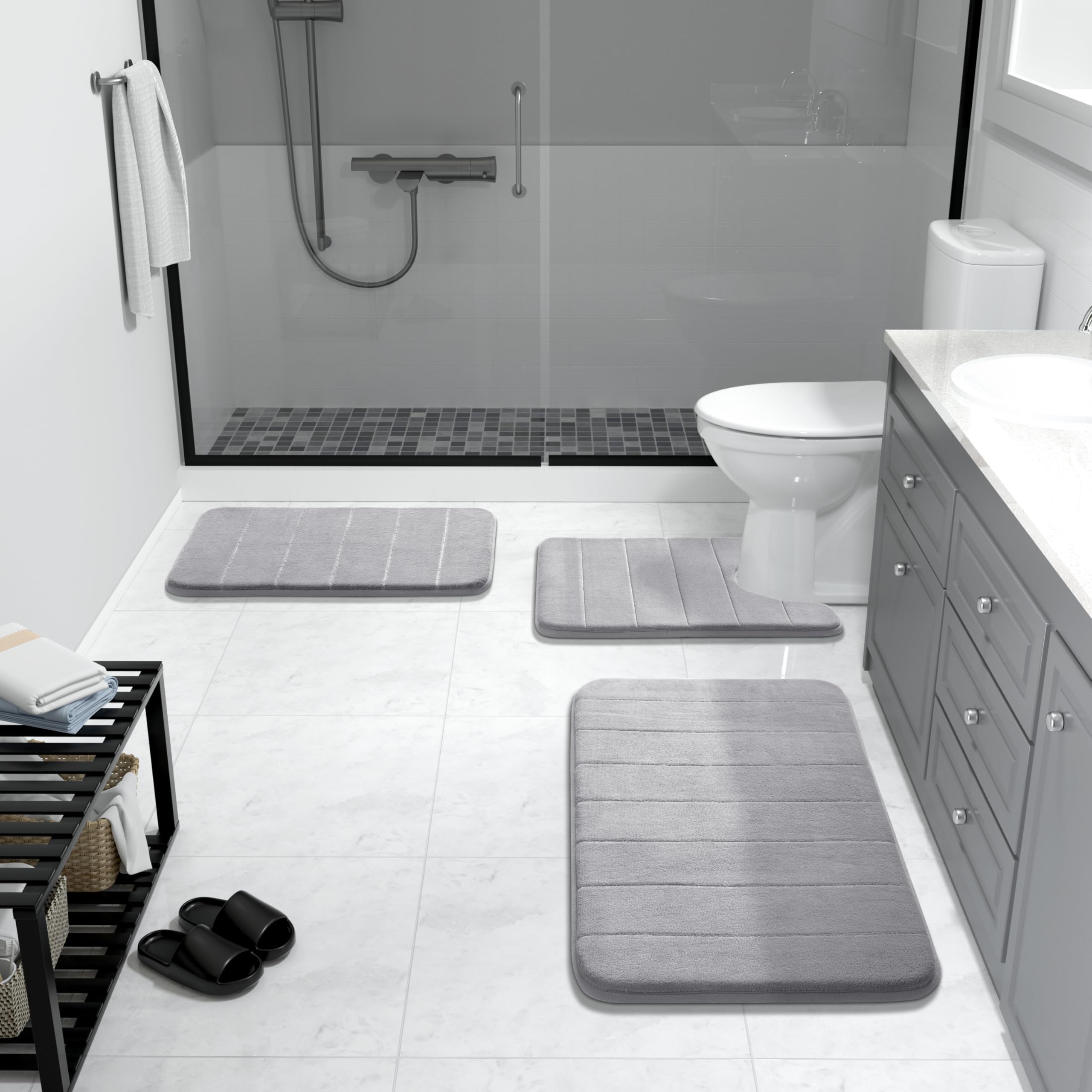 Yimobra Memory Foam Bath Mat Rug, 24 x 17 Inches, Comfortable, Soft, Super Water Absorption, Machine Wash, Non-Slip, Thick, Easier to Dry for Bathroom Floor Rugs, Grey