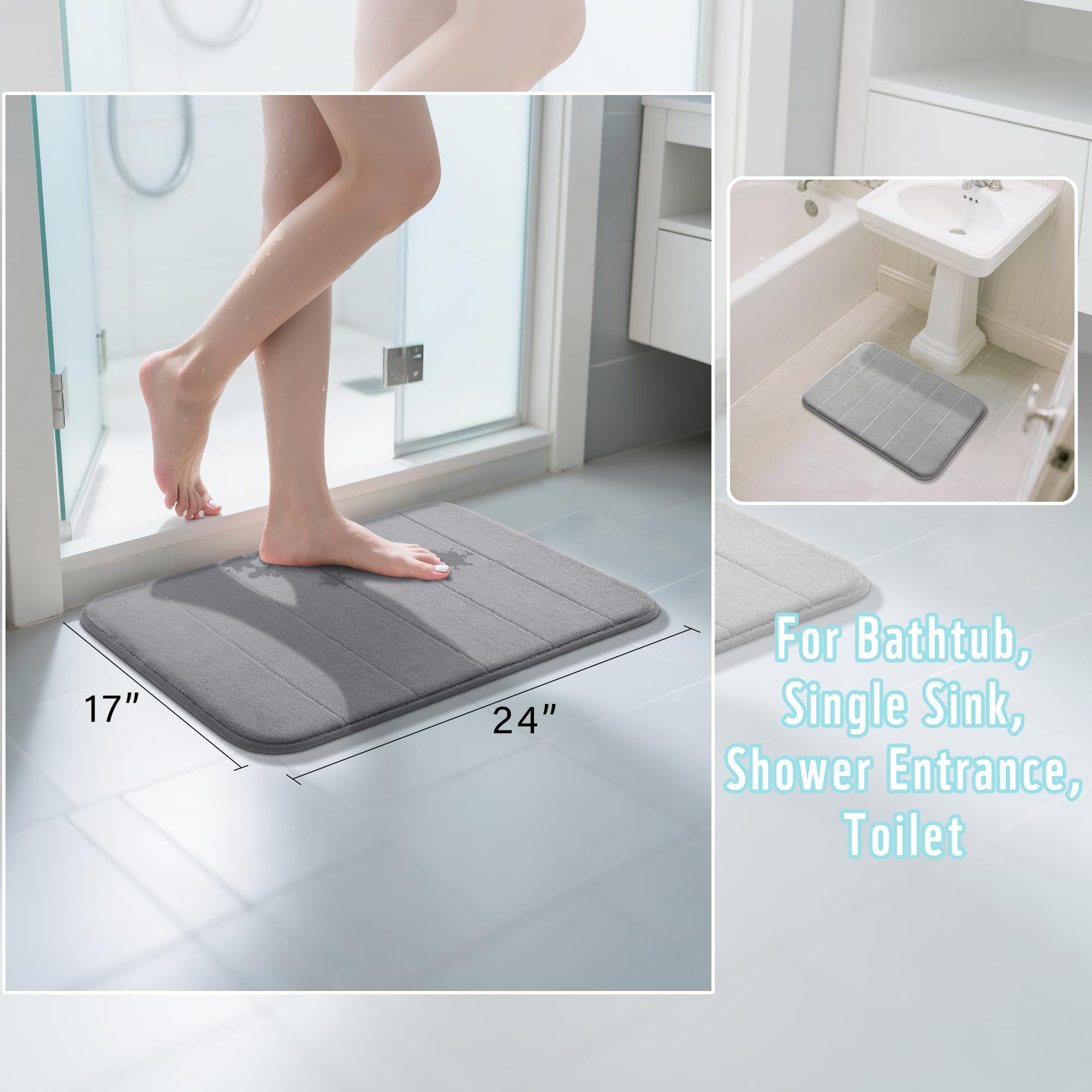 Yimobra Memory Foam Bath Mat Rug, 24 x 17 Inches, Comfortable, Soft, Super Water Absorption, Machine Wash, Non-Slip, Thick, Easier to Dry for Bathroom Floor Rugs, Grey