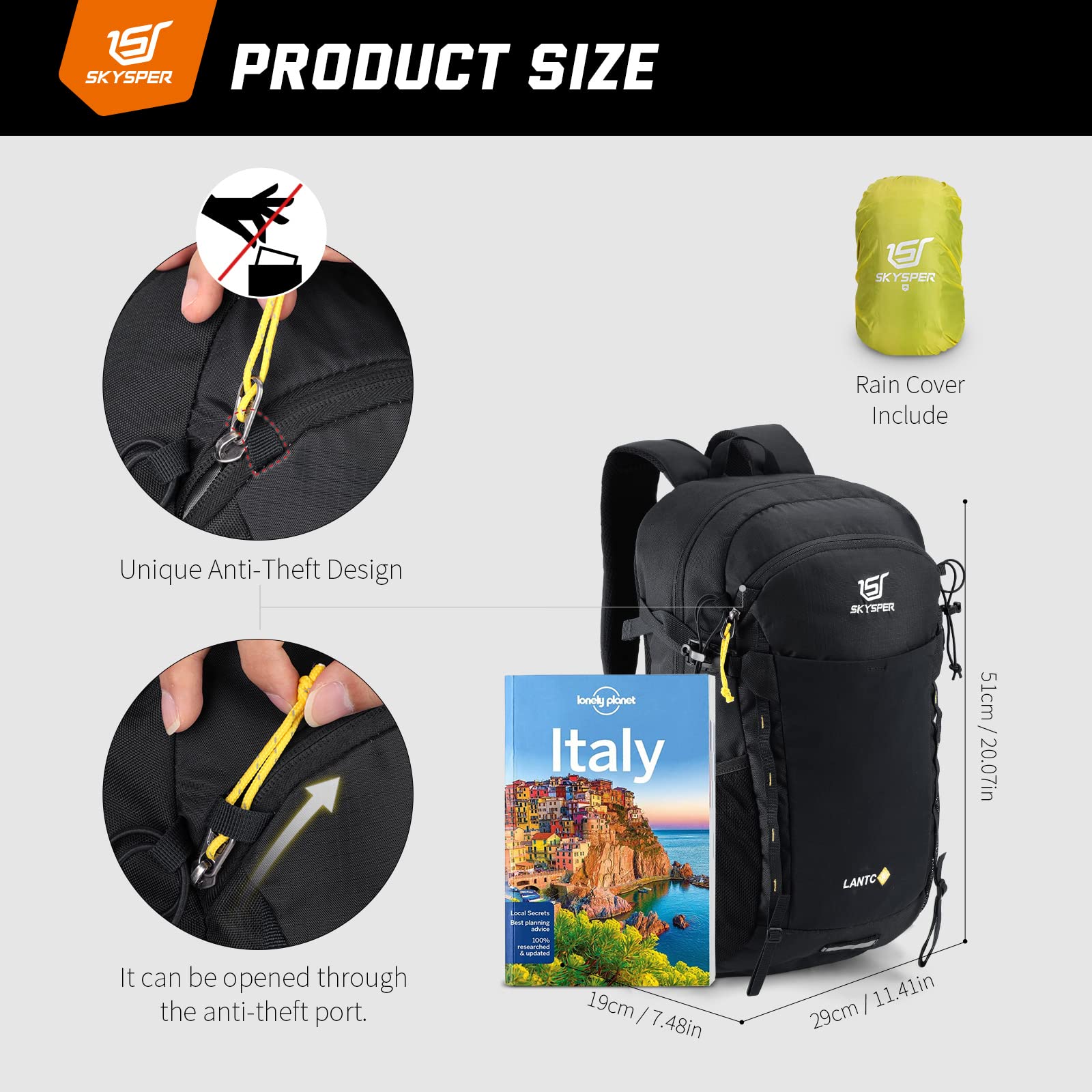 SKYSPER Hiking Daypack 30L Water-Resistant Camping Backpacks, Day Packs for Travel Outdoor Camp Men Women Black