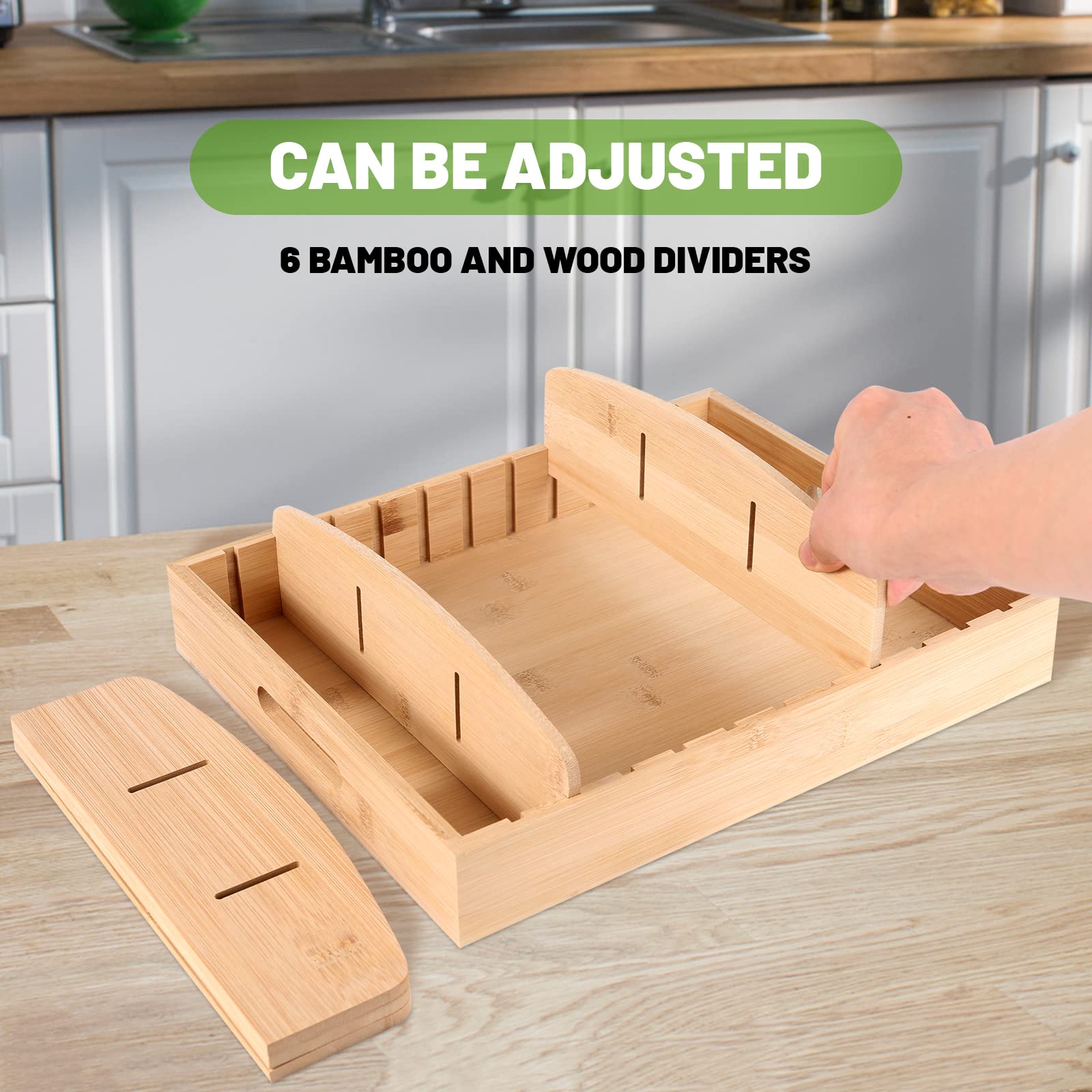 Kitchen Bamboo Lid Organizer, Cabinet Organizer for Food Storage Container Lids, Kitchen gadgets with 6 Adjustable Dividers, Lid Holder for kitchen organization