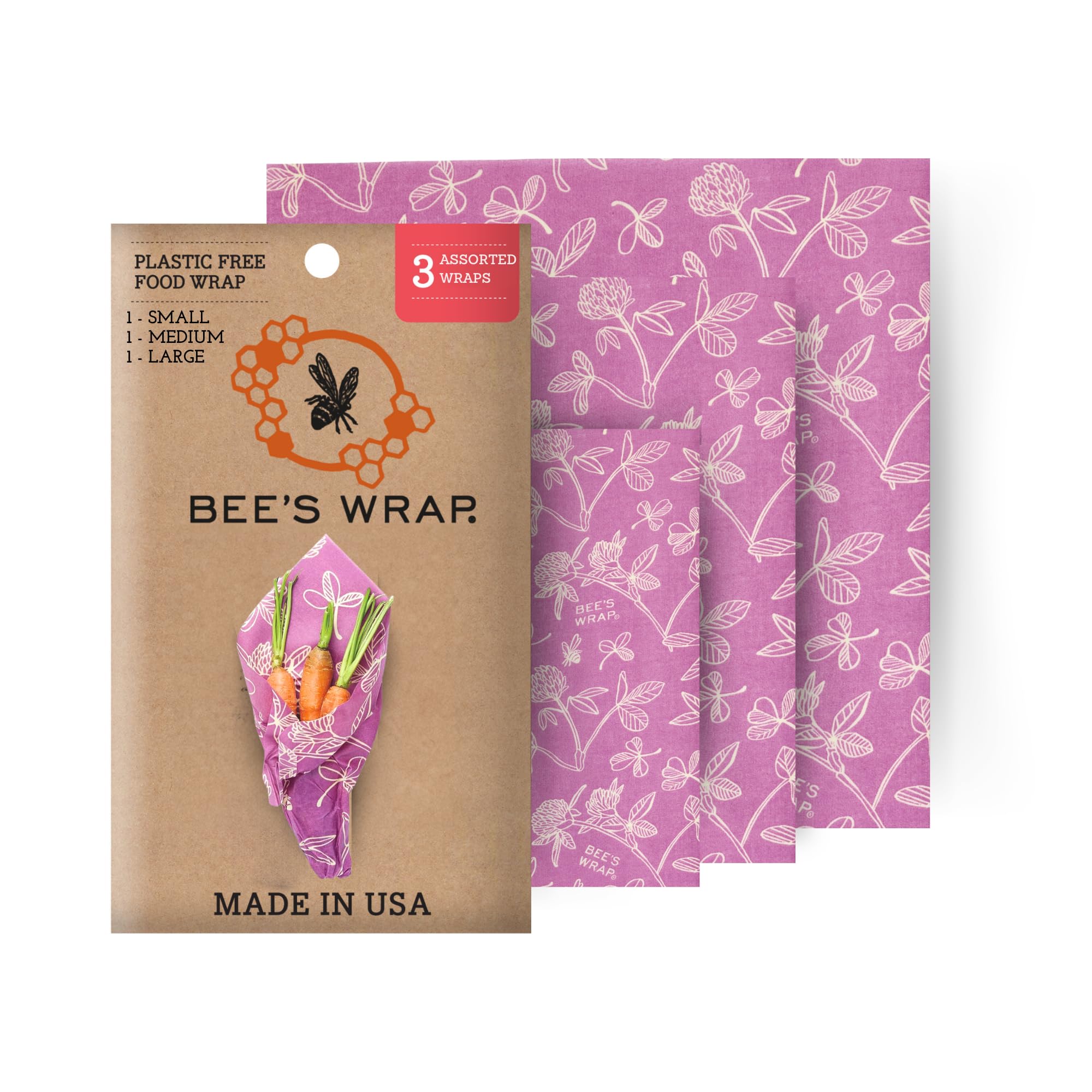 Bee's Wrap - 3 piece value pack - Made in the USA with Certified Organic Cotton - Plastic and Silicone Free - Reusable Eco-Friendly Beeswax Food Wrap - 3 sizes (S, M, L)