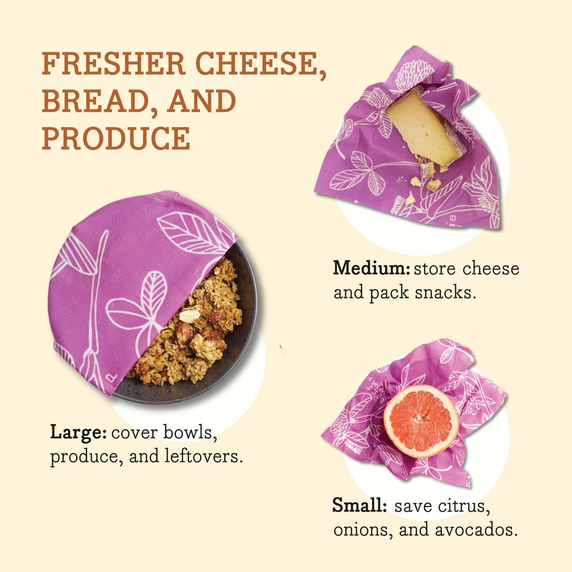Bee's Wrap - 3 piece value pack - Made in the USA with Certified Organic Cotton - Plastic and Silicone Free - Reusable Eco-Friendly Beeswax Food Wrap - 3 sizes (S, M, L)