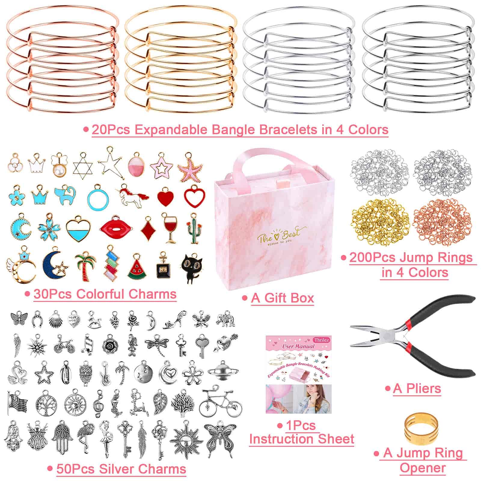 Thrilez 300Pcs Bangle Bracelets Making Kit, Charm Bracelet Making Kit with Expandable Bangles, Charms, Jump Rings and Pliers for Jewelry Making Bangle Bracelets (with Gift Box and Tools)