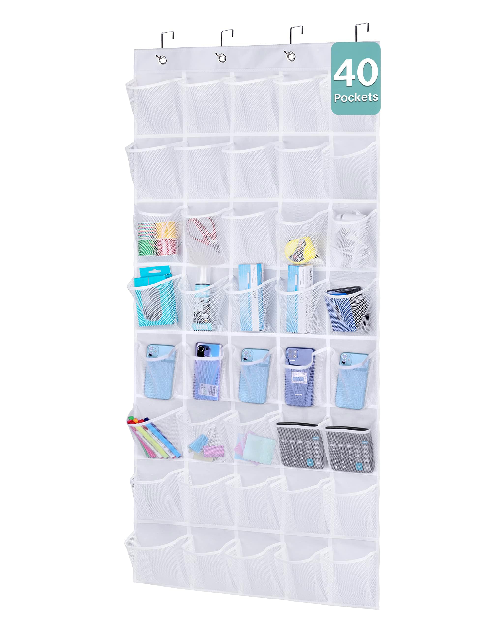 AOODA Over The Door Hanging Pantry Snack Organizer 40 Mesh Pockets Kids Shoe Rack Hanger Holder for Closet, White