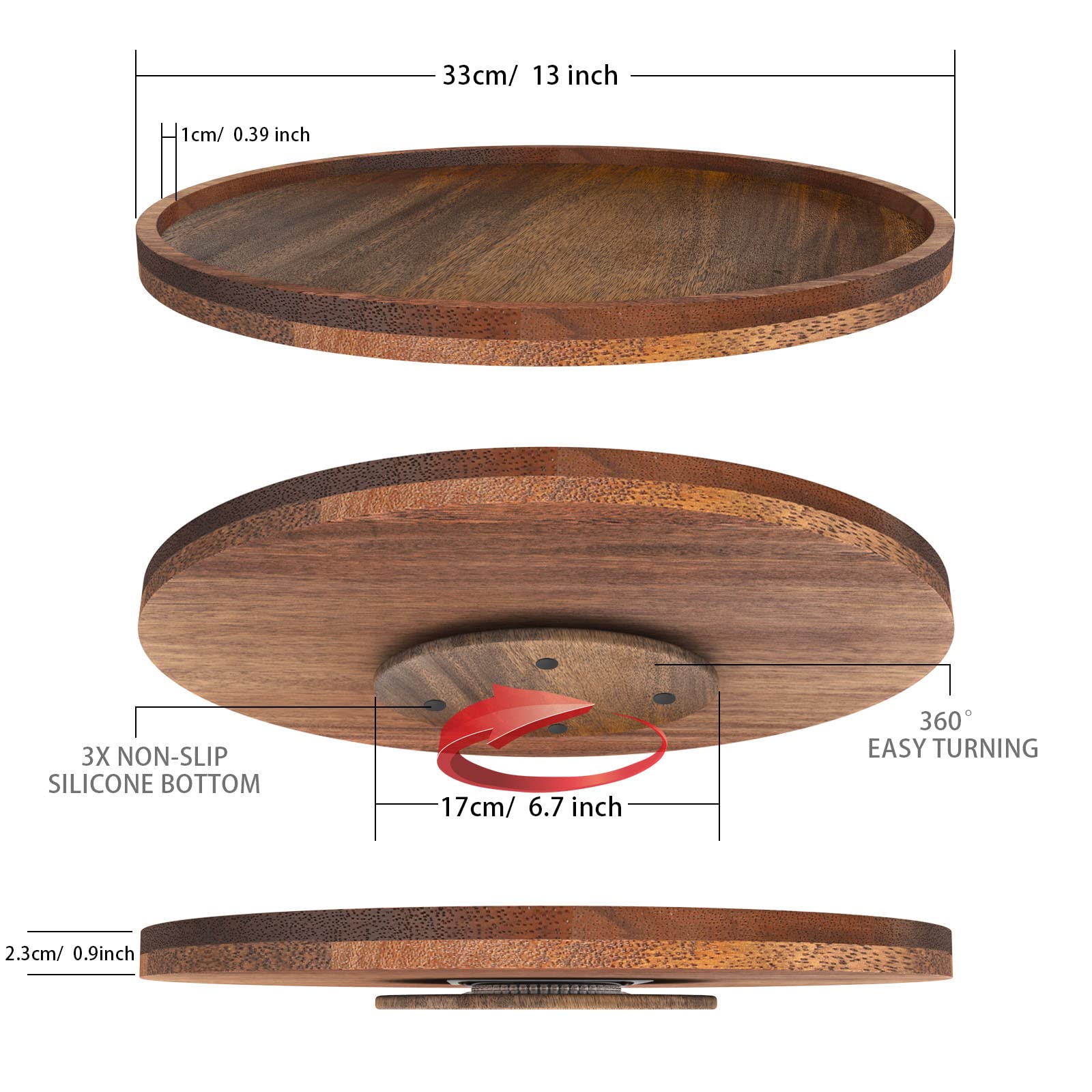Nunemosk 13" Lazy Susan Turntable Walnut Wood, Kitchen Turntable Storage Food Bin Container for Kitchen Cabinets, Pantry, Refrigerator, Counter top (Walnut Wood)