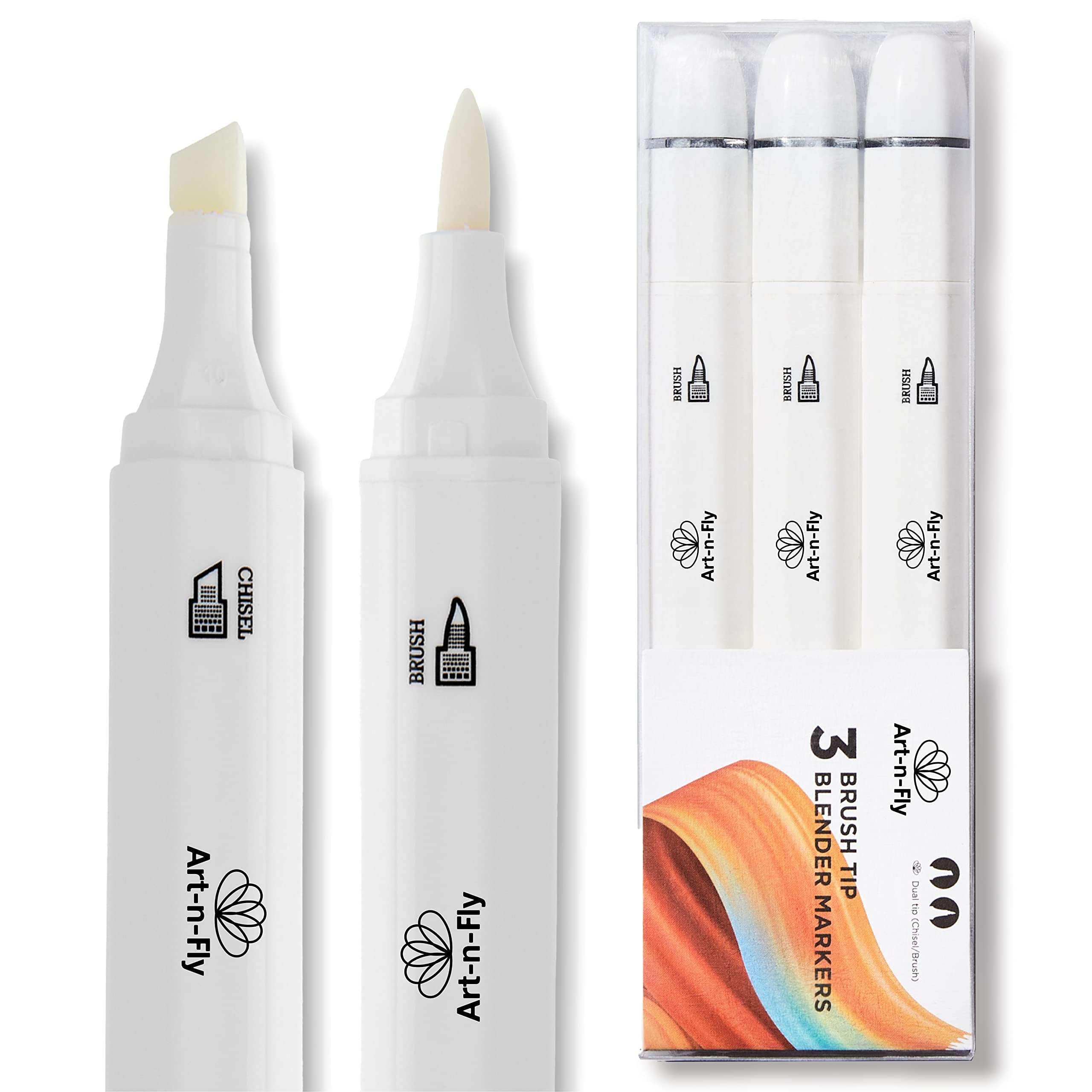 Art-n-Fly Alcohol Colorless Blender Marker Dual Tip Pack of 3 - Colorless Marker Blender with Japanese Ink & Brush Tip - Clear Blending Pen for Art Illustration, Portrait, Sketching, Drawing