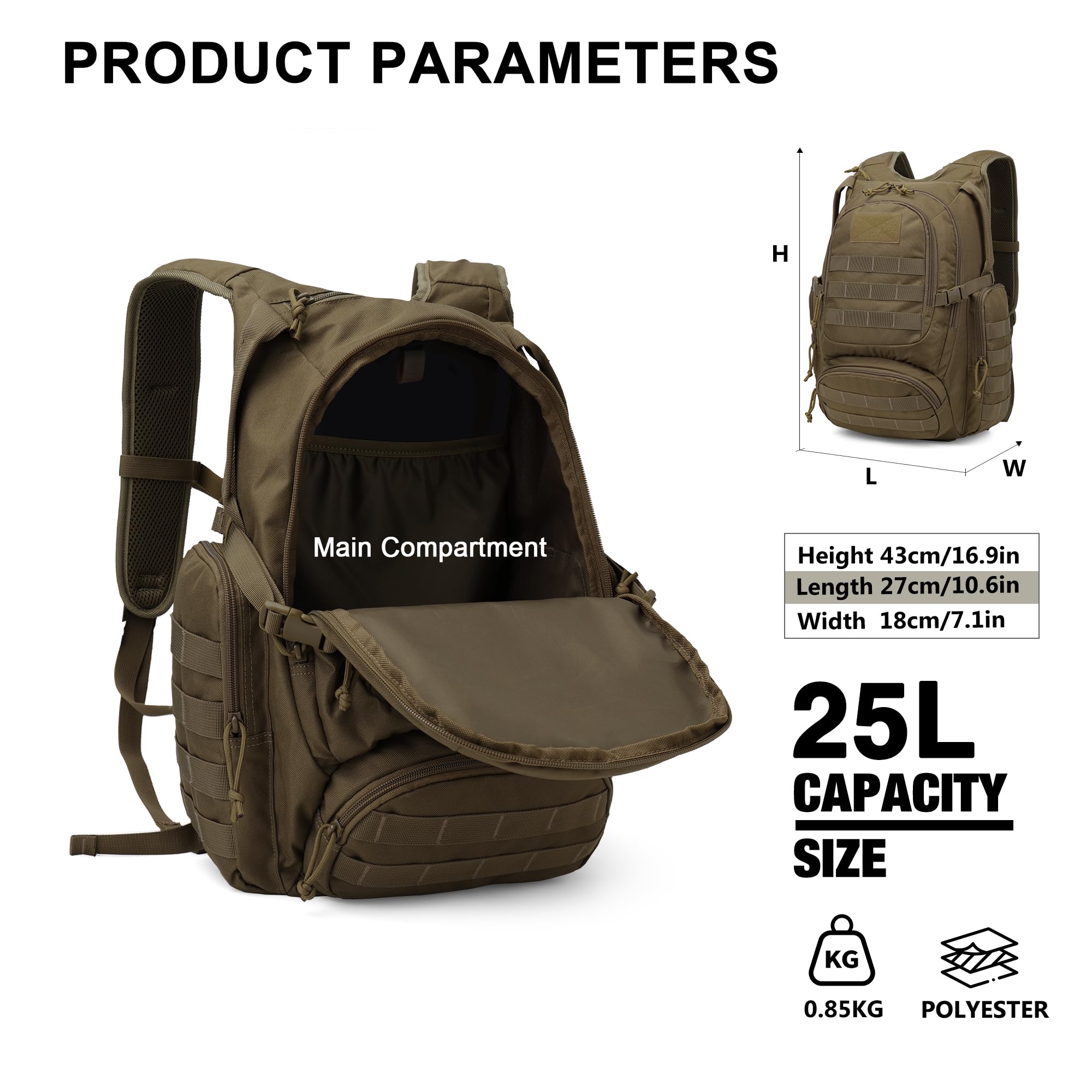 Mardingtop 25L Tactical Backpacks Molle Hiking daypacks for Camping Hiking Military Traveling Motorcycle Khaki