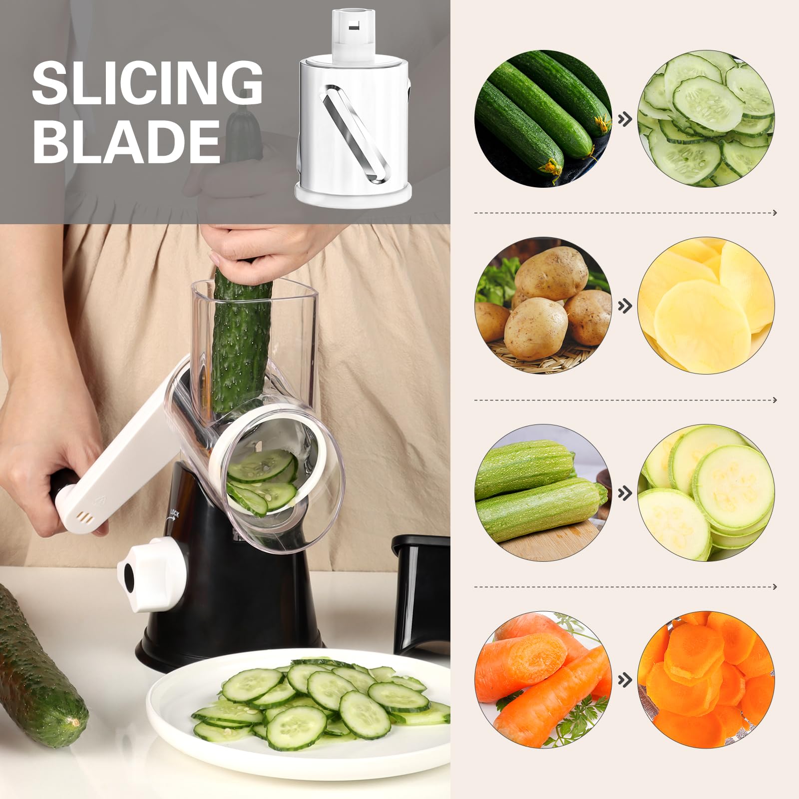 Rotary Cheese Grater Cheese Shredder - Cambom Kitchen Manual Cheese Grater with Handle Vegetable Slicer Nuts Grinder 3 Replaceable Drum Blades and Strong Suction Base Free Cleaning Brush