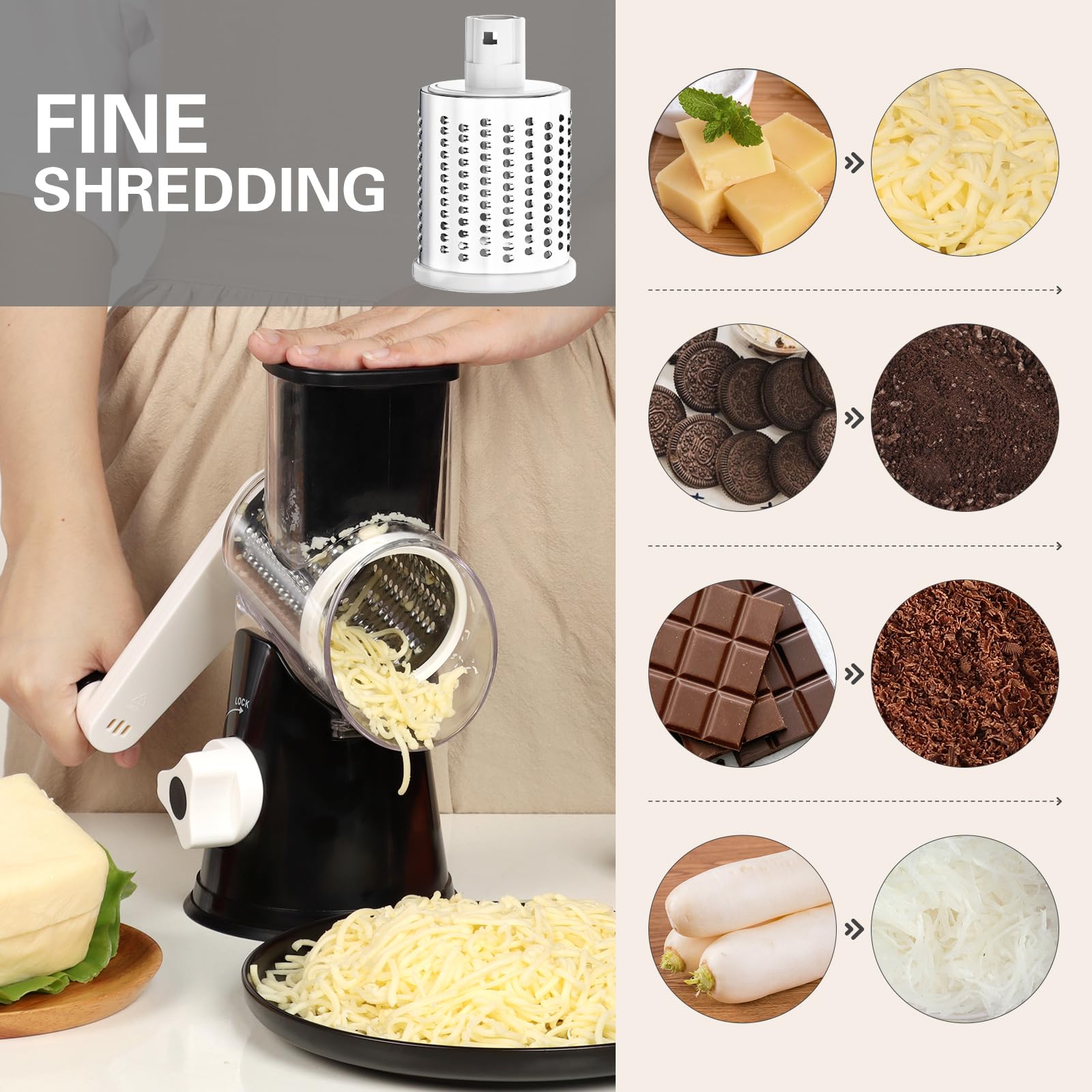 Rotary Cheese Grater Cheese Shredder - Cambom Kitchen Manual Cheese Grater with Handle Vegetable Slicer Nuts Grinder 3 Replaceable Drum Blades and Strong Suction Base Free Cleaning Brush
