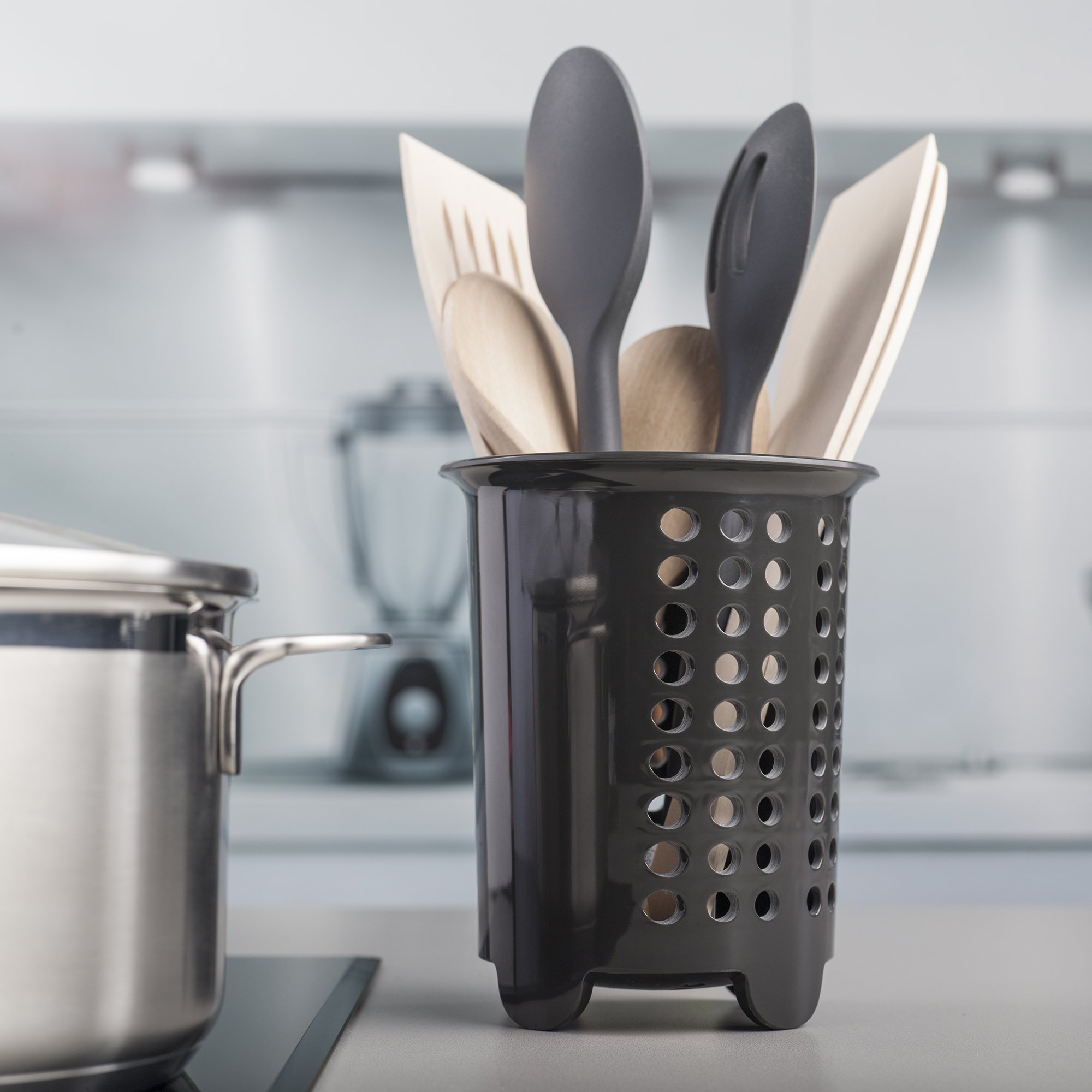 Zeal G231T Melamine Cutlery Drainer/Utensil Pot Dark Grey, 14 x 14 x 17 cm