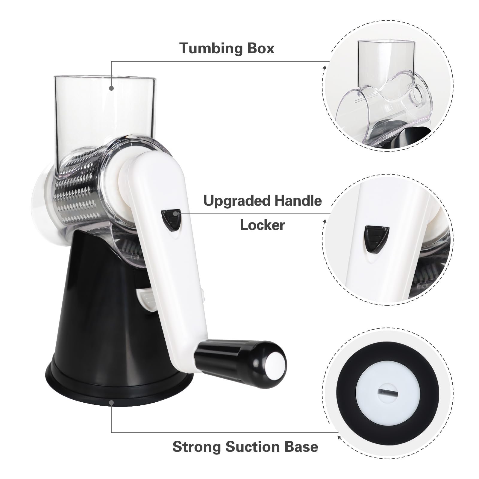 Rotary Cheese Grater Cheese Shredder - Cambom Kitchen Manual Cheese Grater with Handle Vegetable Slicer Nuts Grinder 3 Replaceable Drum Blades and Strong Suction Base Free Cleaning Brush