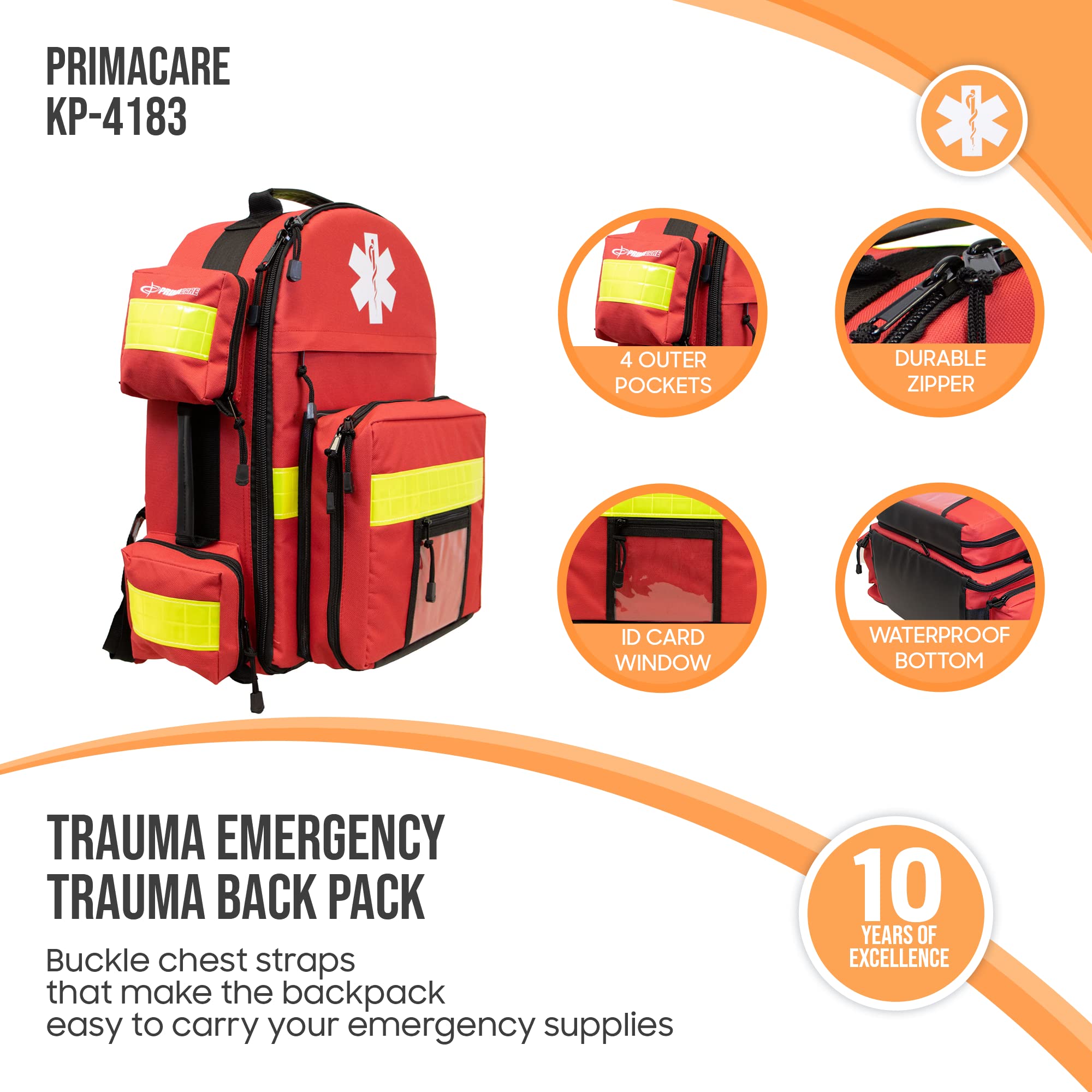 Primacare KP-4183 Trauma Emergency Medical Supplies Tactical 17"x6"x9" Trauma Back Pack Bag for Holding O2 Tank