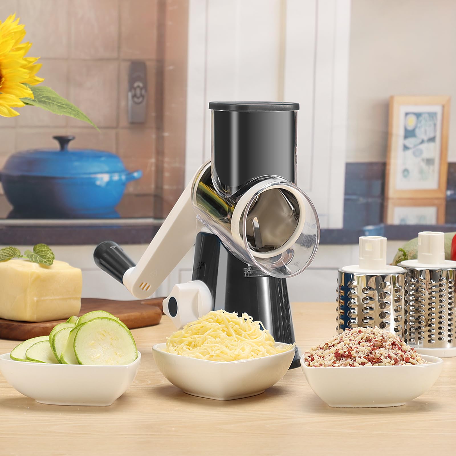 Rotary Cheese Grater Cheese Shredder - Cambom Kitchen Manual Cheese Grater with Handle Vegetable Slicer Nuts Grinder 3 Replaceable Drum Blades and Strong Suction Base Free Cleaning Brush