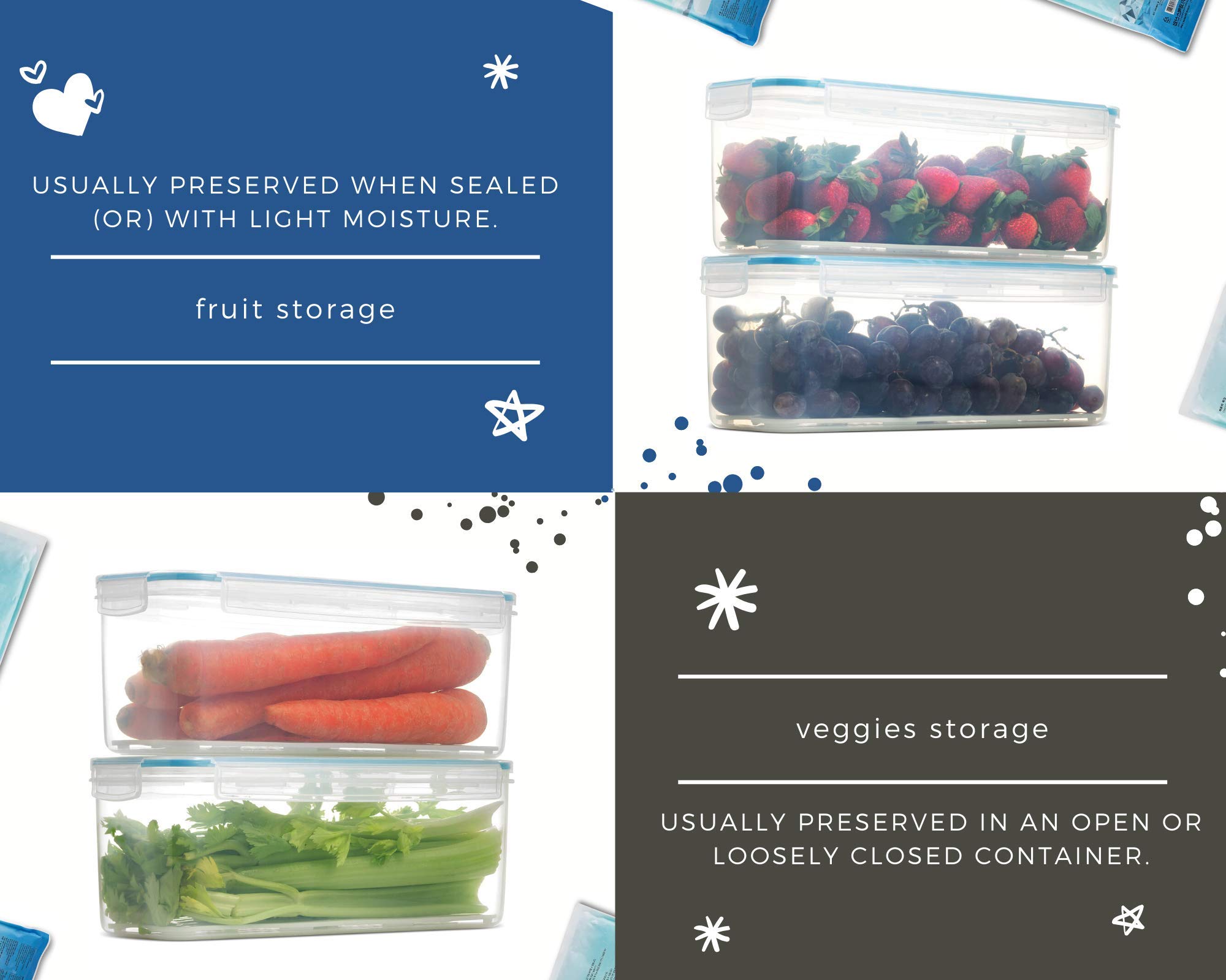 Komax Biokips Fridge Storage Containers – Airtight Fridge Organizers and Storage Clear Containers w/Dripping Tray – Meat, Veggie, or Fruit Storage Containers for Fridge (2-Pack, 118 oz)