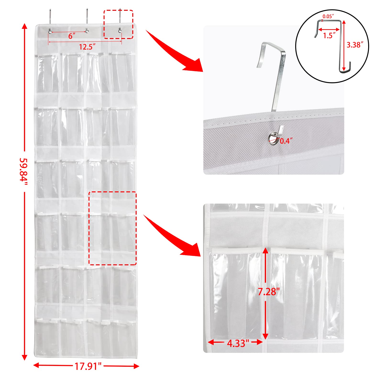 Over The Cabinet Door Organizer with 24 Clear Pockets, 60x18 inch Behind The Pantry Door Storage Organizer, Back of Bathroom Door Storage Organizer, White