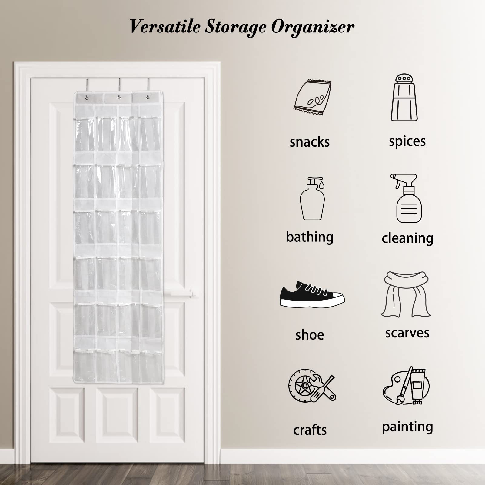 Over The Cabinet Door Organizer with 24 Clear Pockets, 60x18 inch Behind The Pantry Door Storage Organizer, Back of Bathroom Door Storage Organizer, White